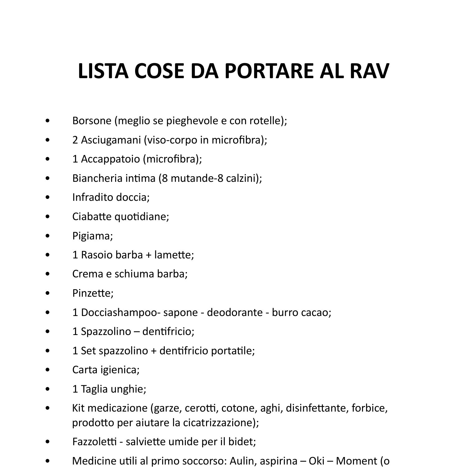 LISTA COSE DA PORTARE AL RAV.pdf | DocDroid