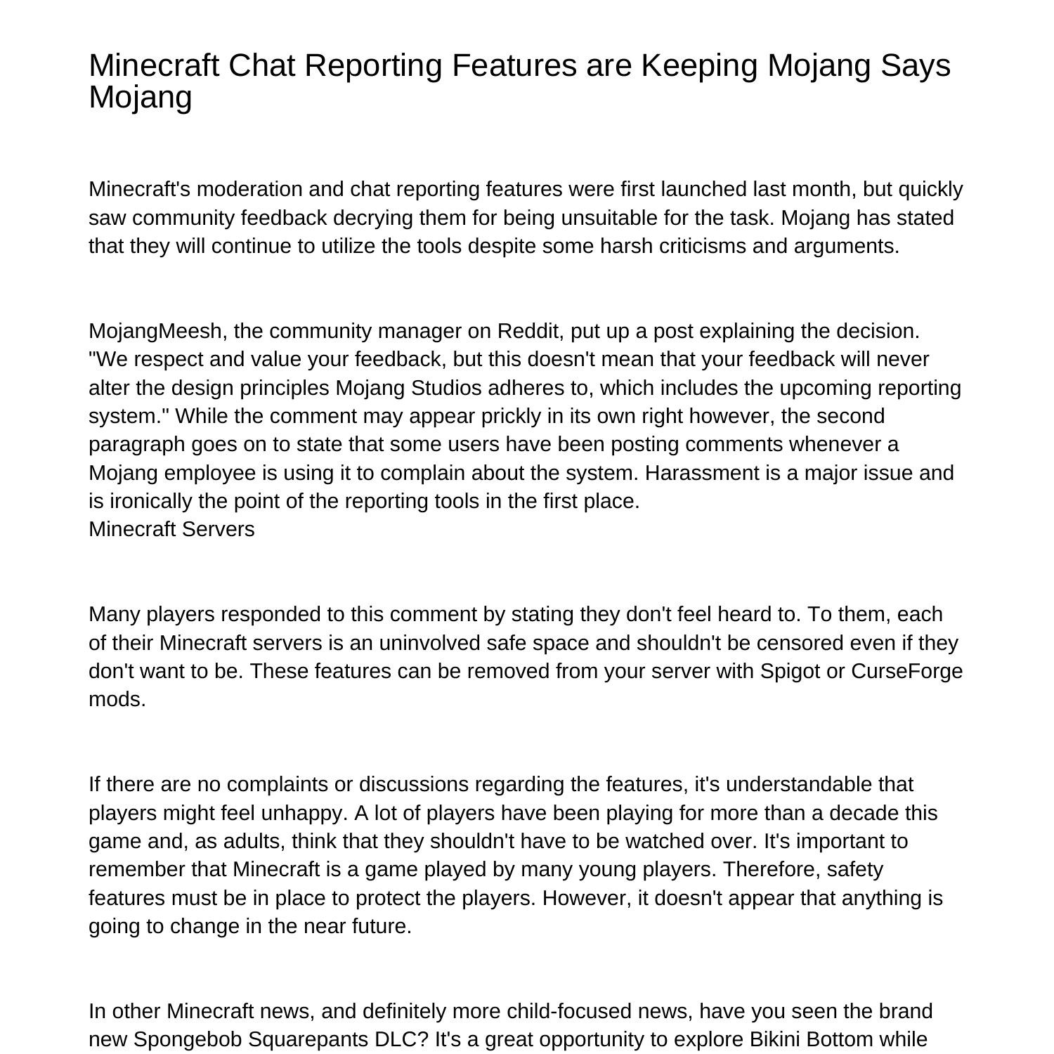 Minecraft Chat Reporting Features are Staying Mojang Says Mojangqeagz ...