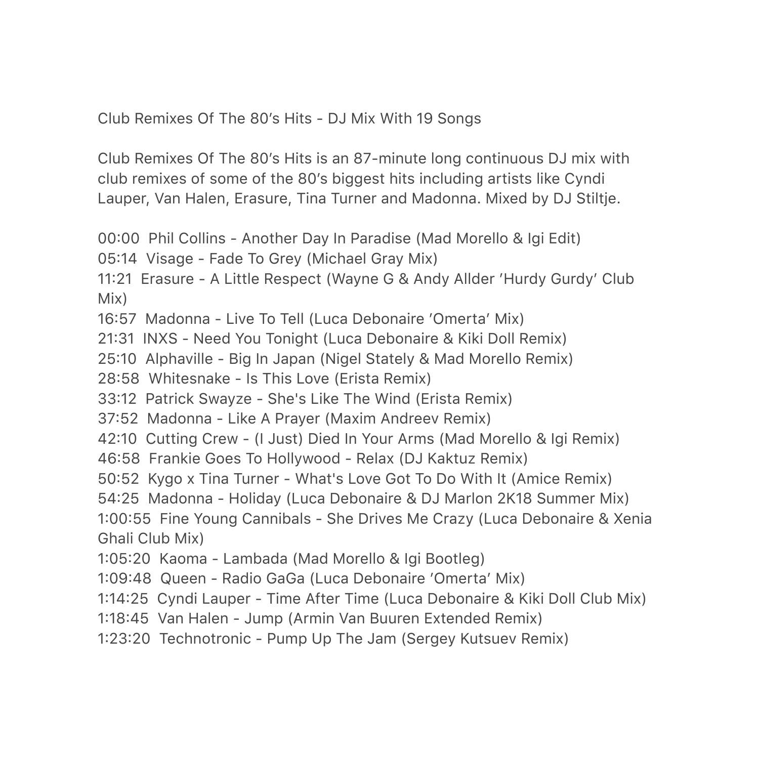 Club Remixes Of The 80 s Hits DJ Mix With 19 Songs pdf DocDroid