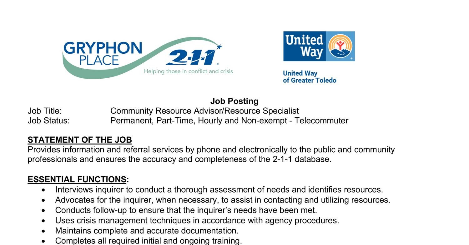 Community Resource Advisor - Resource Specialist - UW Toledo Job ...