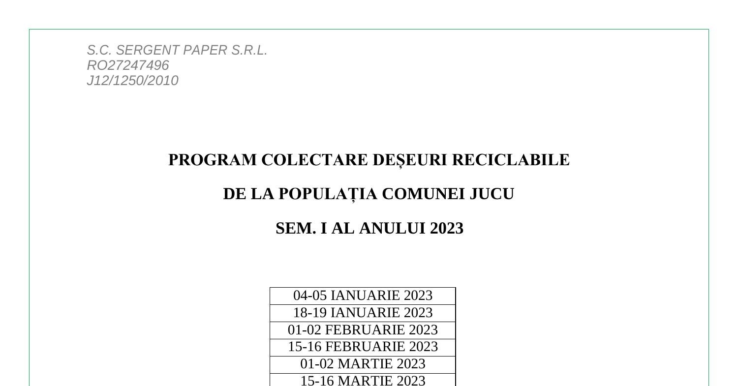 PROGRAM COLECTARE DEȘEURI RECICLABILE JUCU SEM. 1 2023.pdf | DocDroid