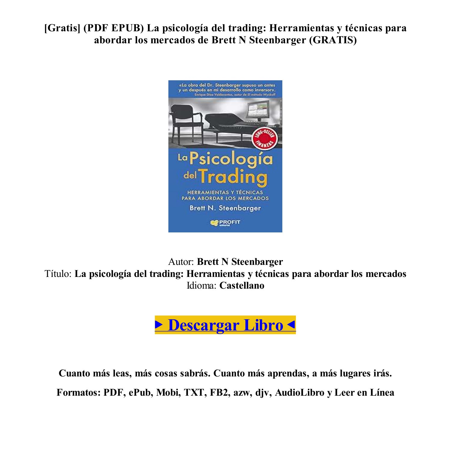 (Libro) Descargar La psicología del trading Herramientas y técnicas para abordar los mercados de ...