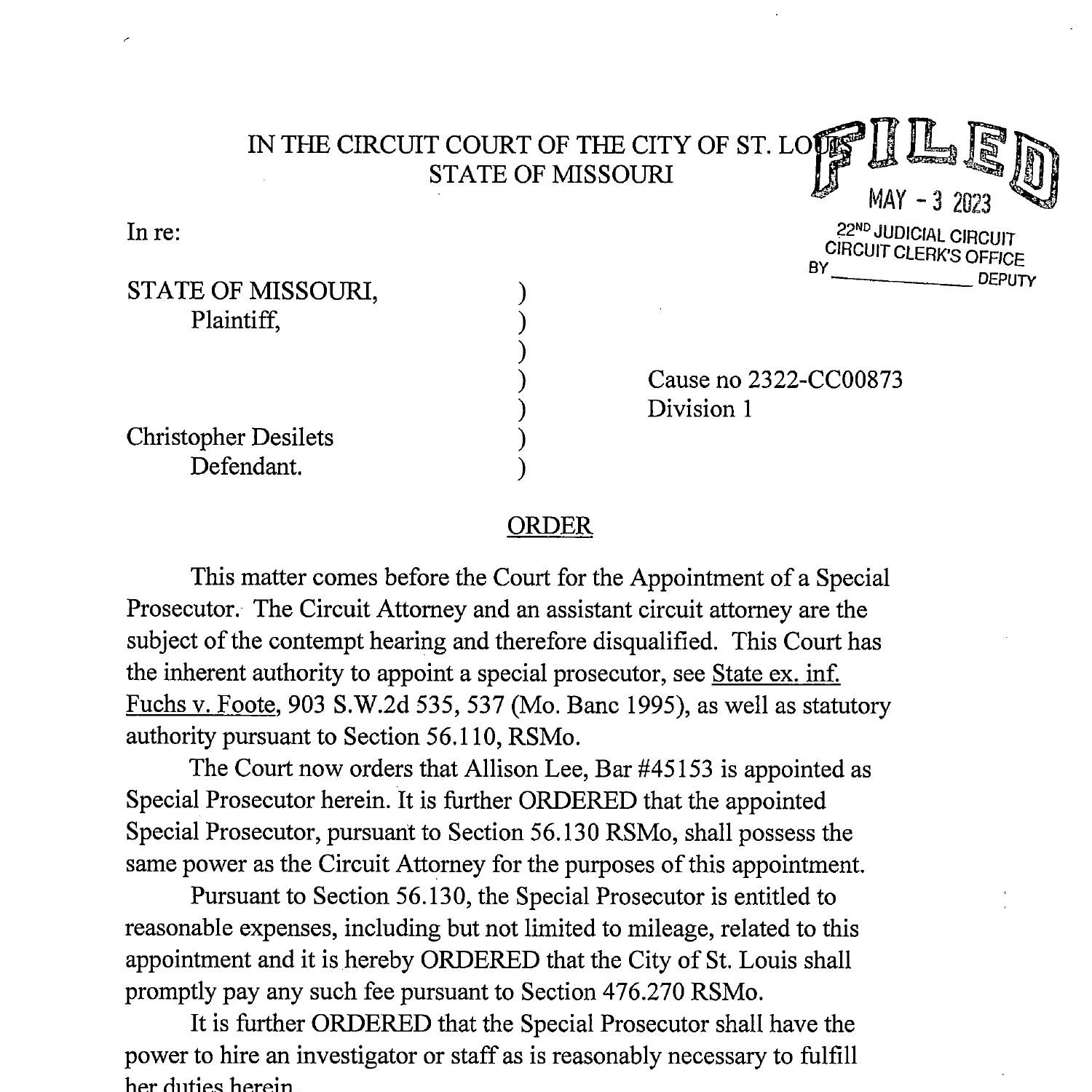 050223 ORDER APPOINTING SPECIAL PROSECUTOR IN RE CHRISTOPHER DESILETS ...