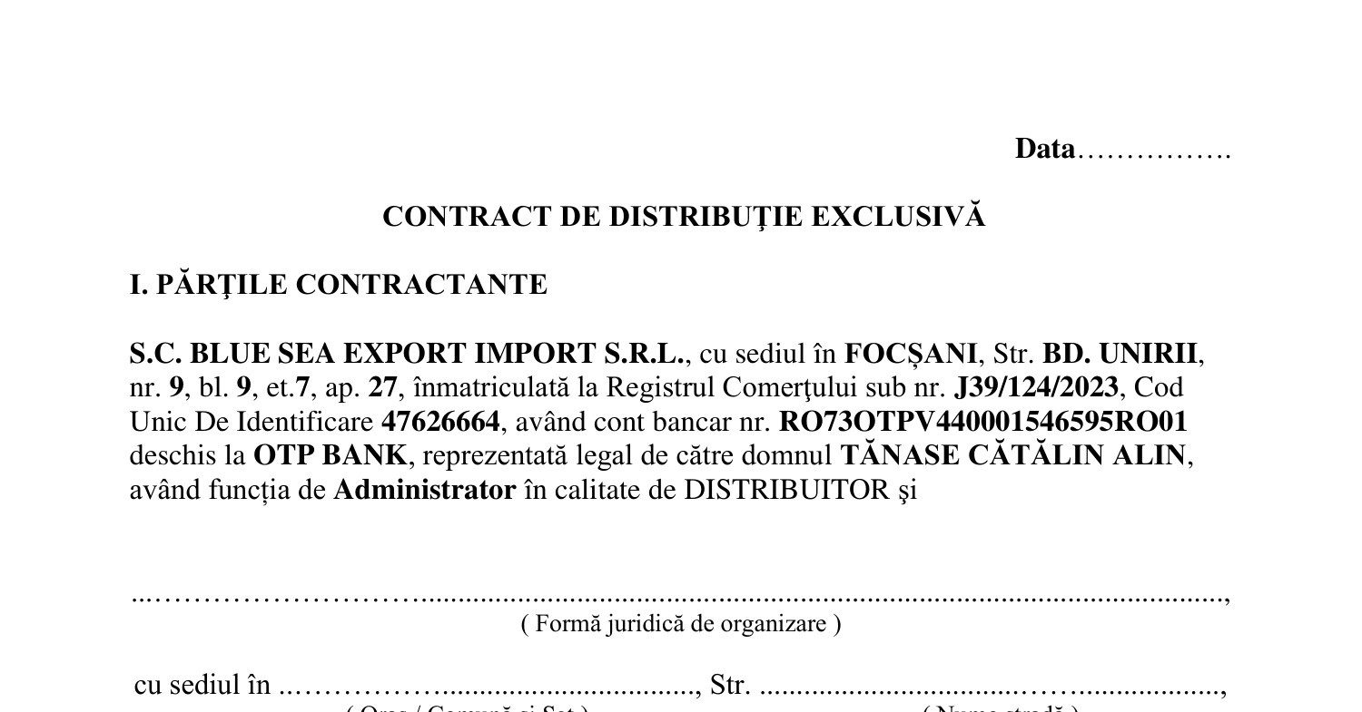 CONTRACT DE DISTRIBUTIE EXCLUSIVA MODEL BLUE SEA EXPORT IMPORT SRL.doc ...