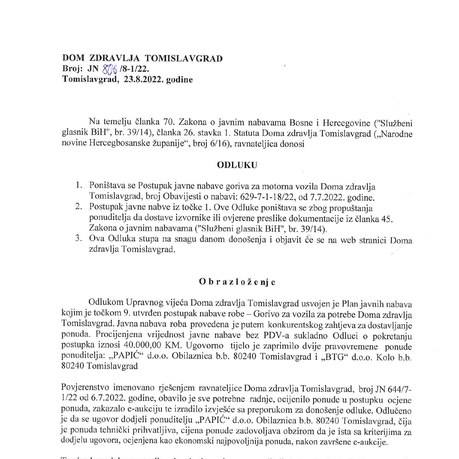 ODLUKA O PONIŠTENJU POSTUPKA JAVNE NABAVE GORIVA ZA MOTORNA VOZILA DOMA ...