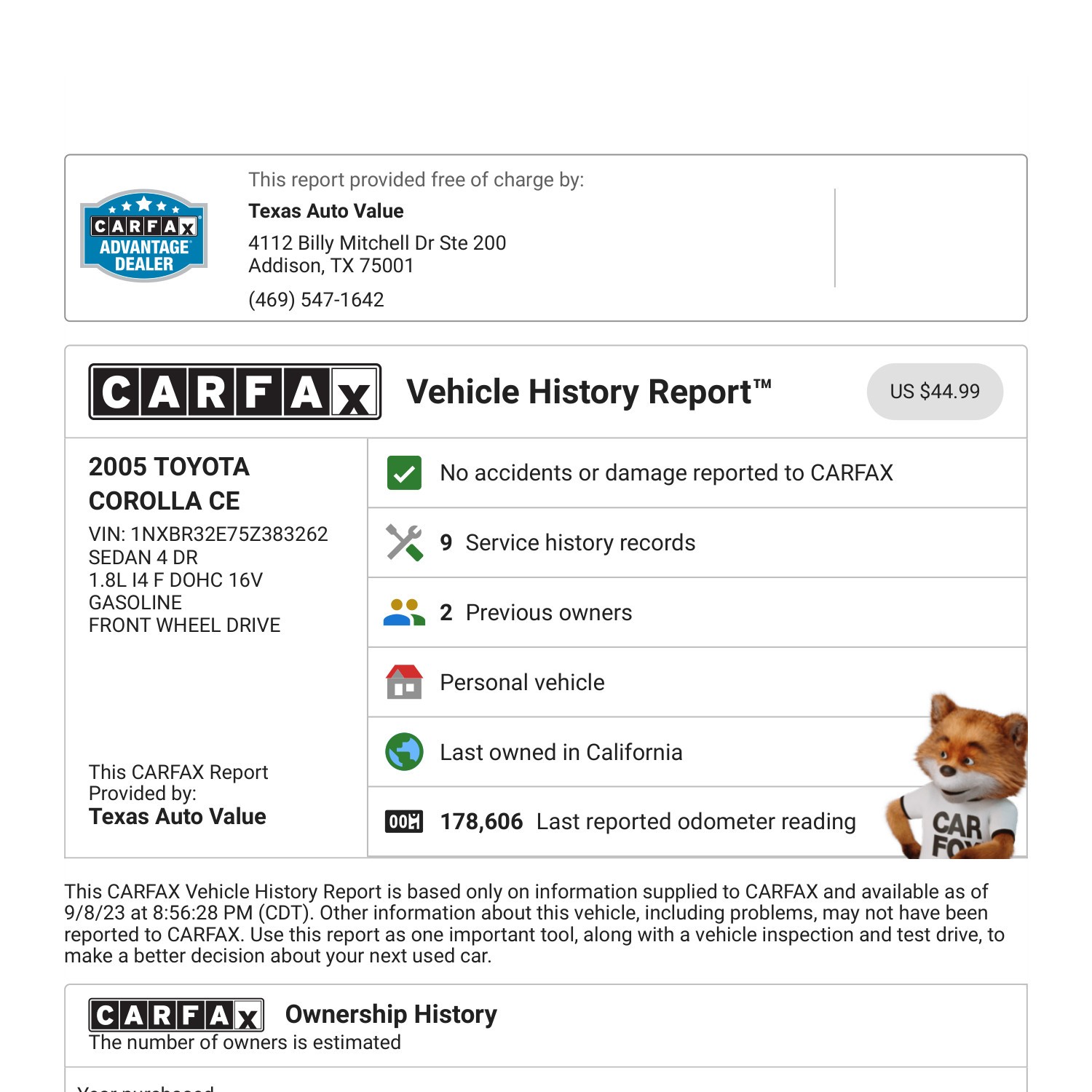 Carfax Vehicle History Report For This 2005 Toyota Corolla Ce