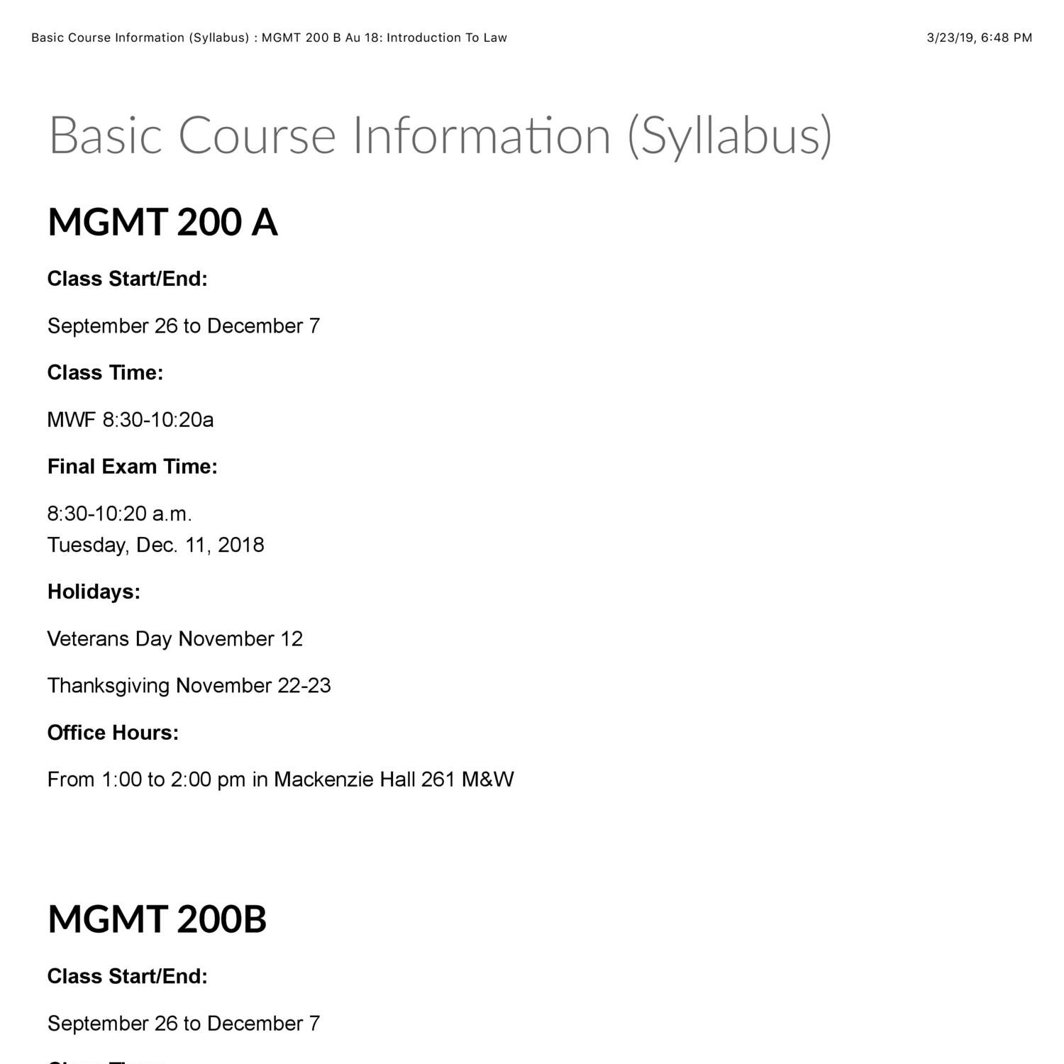 Basic Course Information (Syllabus) : MGMT 200 B Au 18: Introduction To Law.pdf | DocDroid