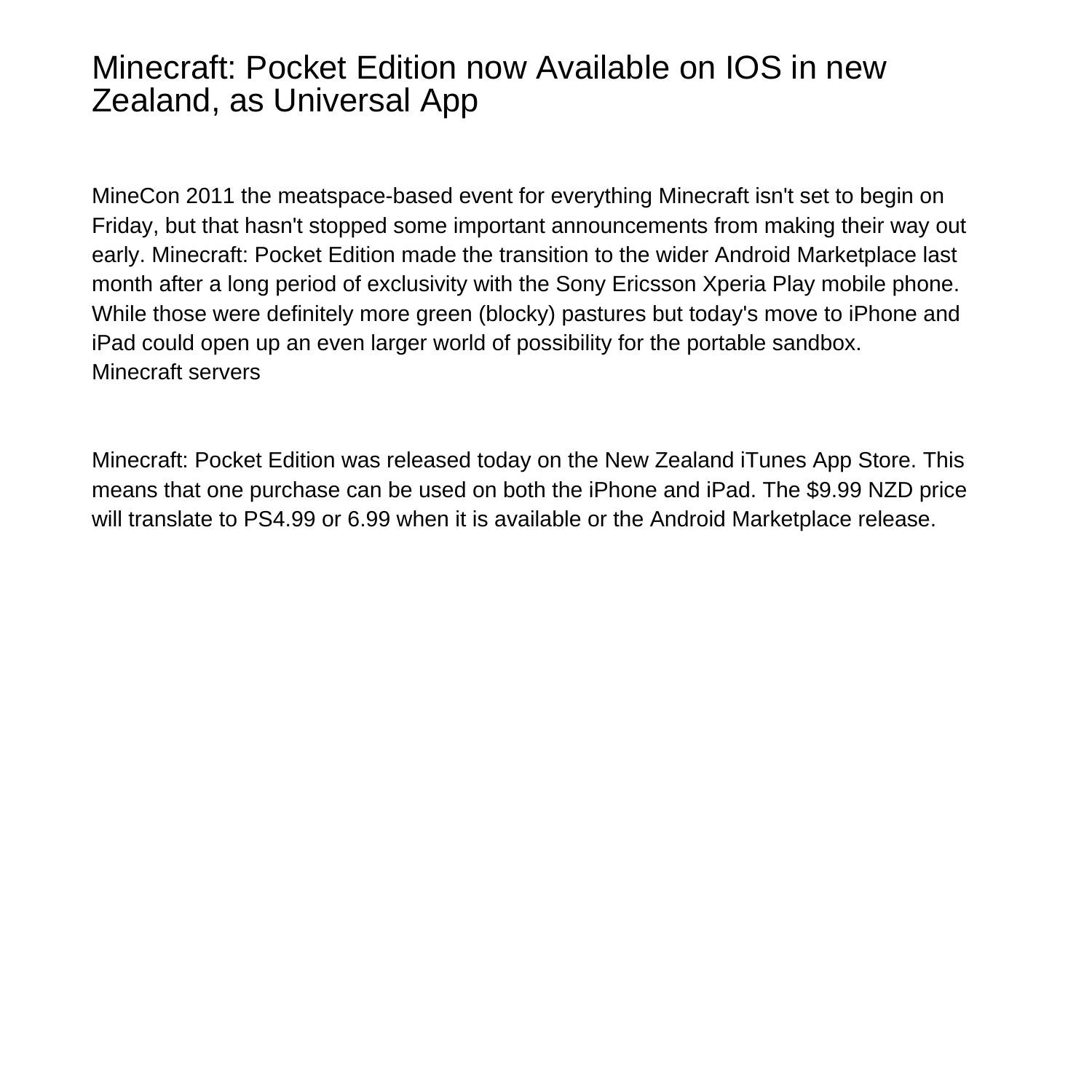 Minecraft Pocket Edition now Available on IOS in new Zealand as Universal Appeyptn.pdf.pdf ...