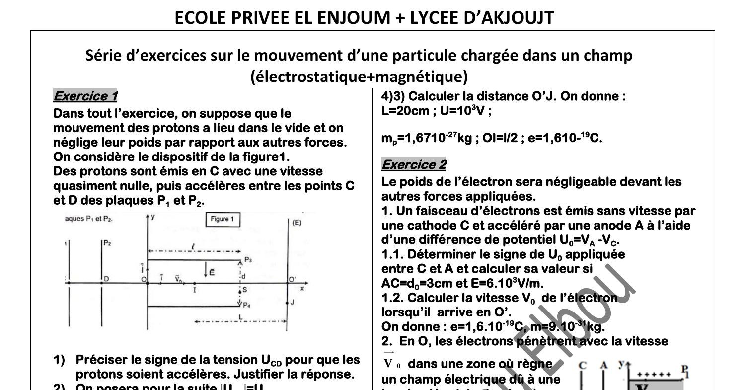 Serie d'exercices sur le mvt d'une particule chargee.pdf | DocDroid