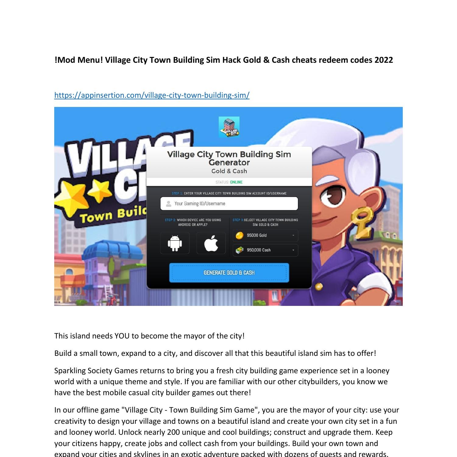 !Mod Menu! Village City Town Building Sim Hack Gold & Cash cheats ...