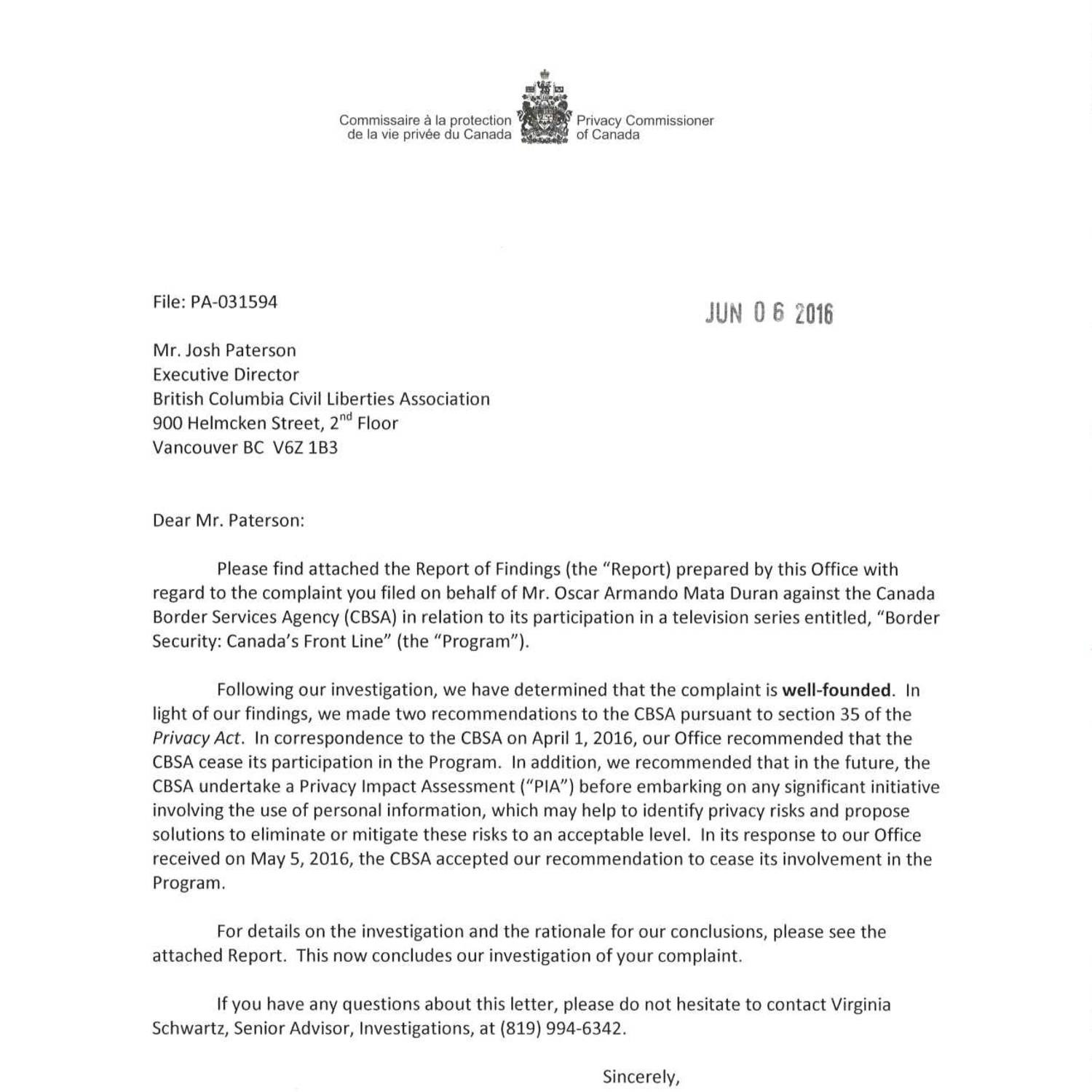 PA-031594 - Letter of Finding - CBSA Border TV Program - June 6 2016 ...