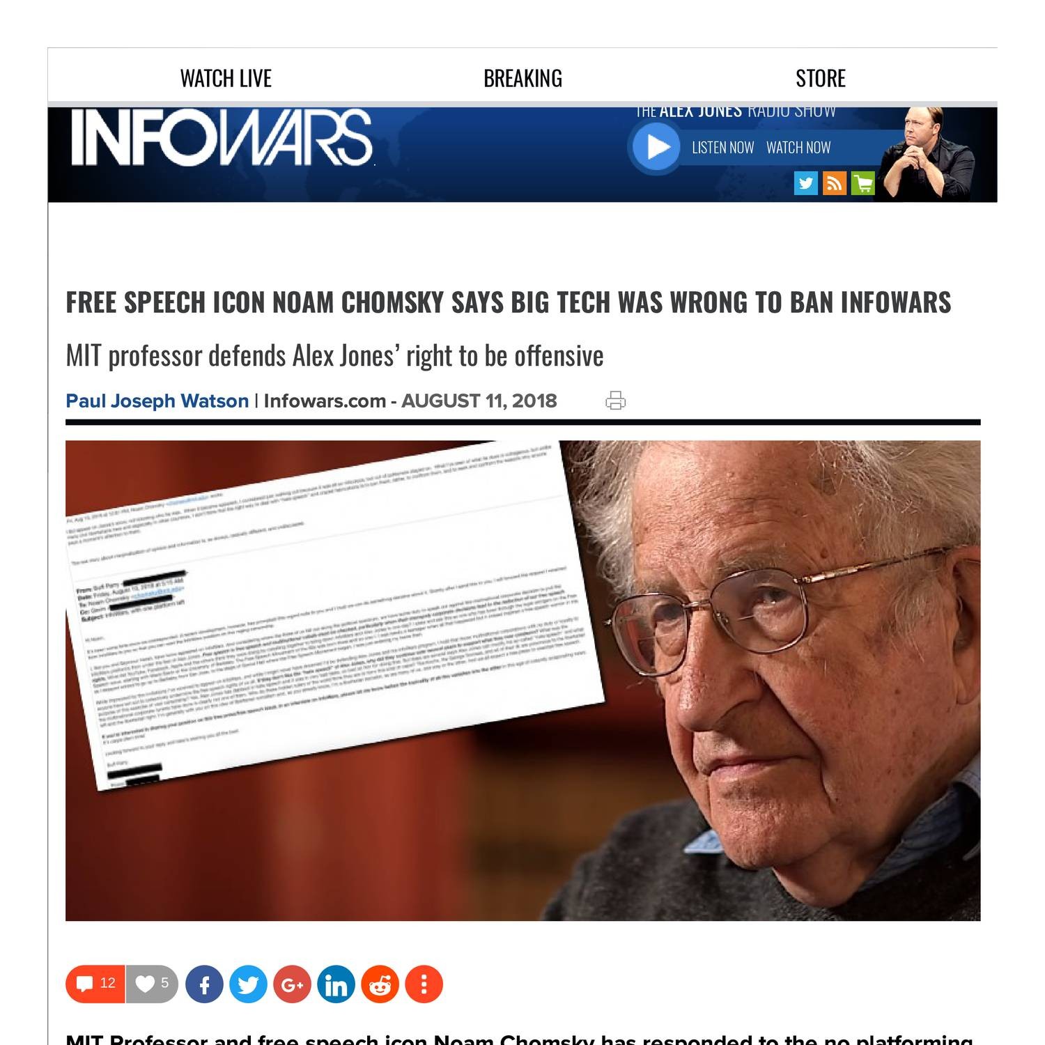 FREE SPEECH ICON NOAM CHOMSKY SAYS BIG TECH WAS WRONG TO BAN INFOWARS ...