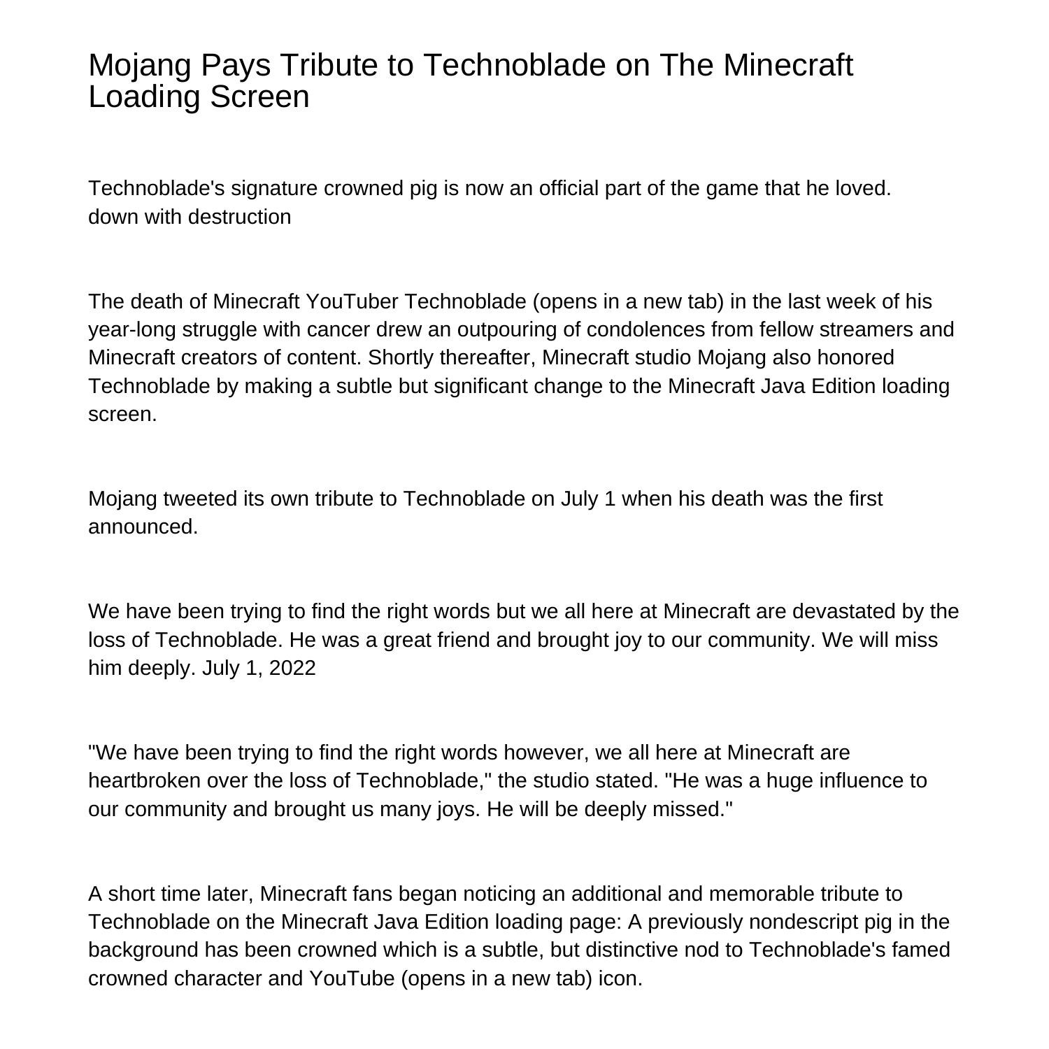 Mojang Pays Tribute to Technoblade on The Minecraft Loading Screenflxkw ...