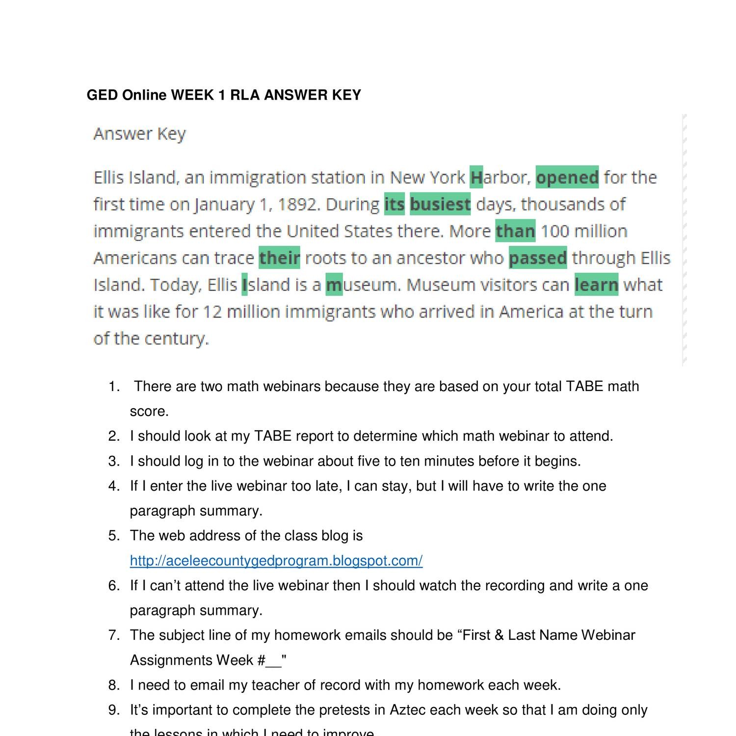 GED Online WEEK 1 RLA ANSWER KEY pdf DocDroid