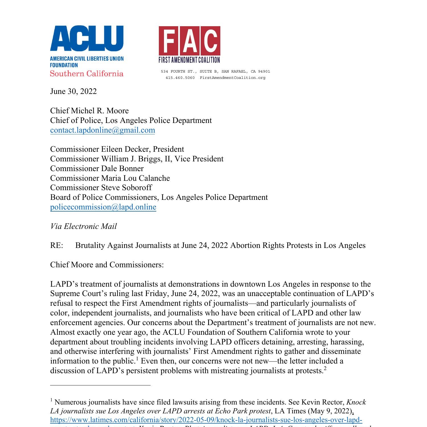 2022.06.30 ACLU FAC Letter to LAPD re 6-24 protests FINAL w attachments ...