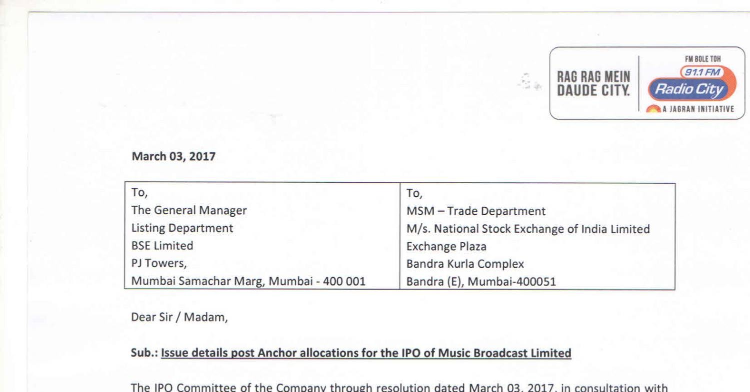 Anchor Allocation RADIOCITY- Intimation to SE.pdf | DocDroid