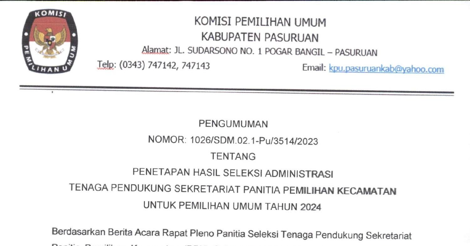 3. PENGUMUMAN HASIL SELEKSI ADMINISTRASI TEKUNG SEKRETARIAT PPK PEMILU TAHUN 2024.pdf | DocDroid