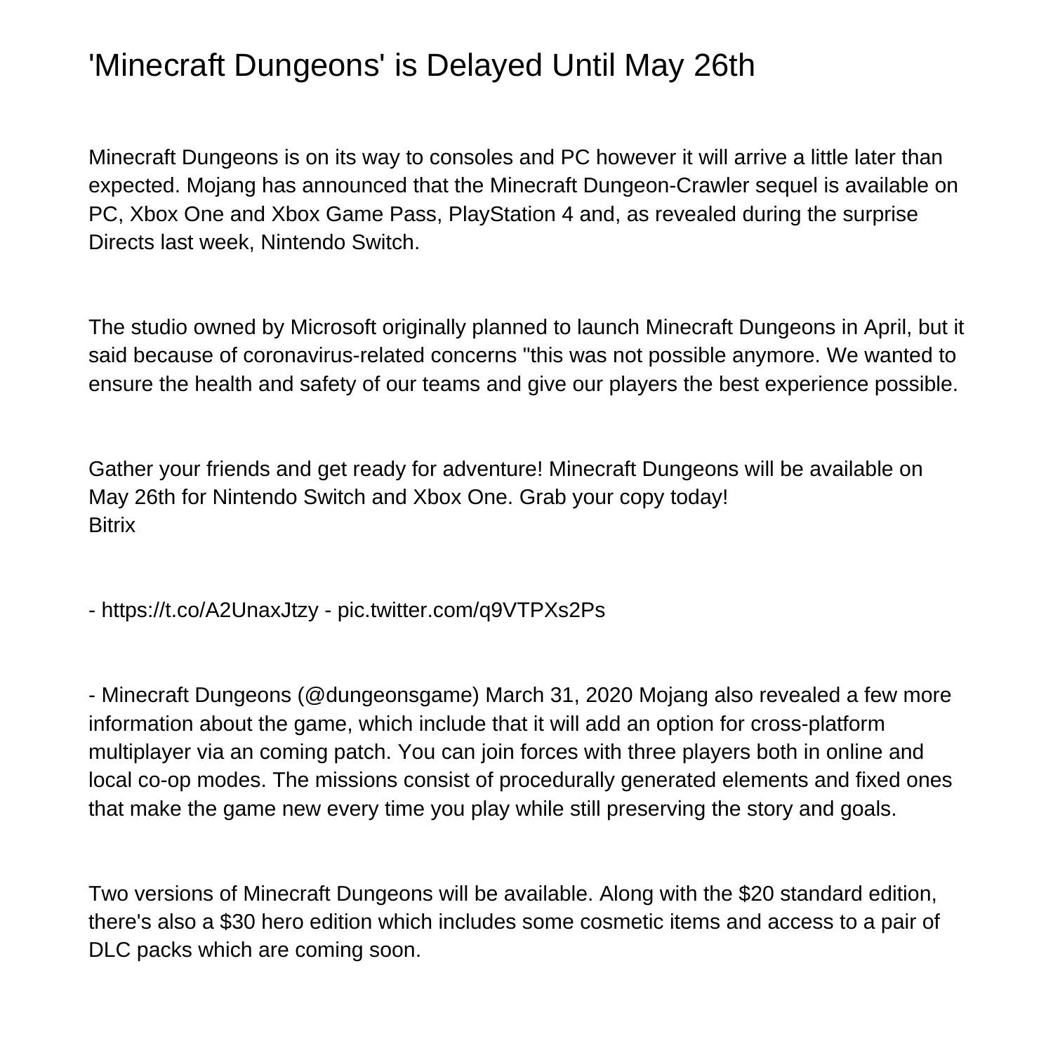 Minecraft Dungeons is Delayed Until May 26thydkwg.pdf.pdf | DocDroid