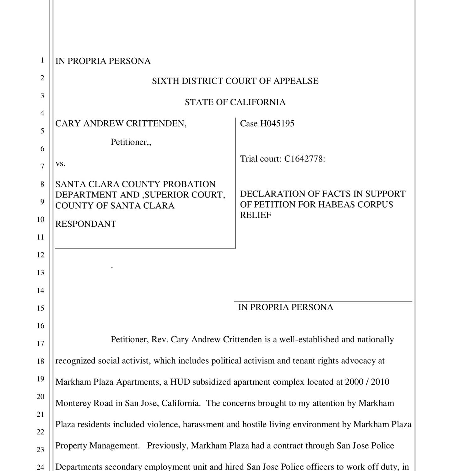 DECLARATION OF FACTS IN SUPPORT OF PETITION FOR HABEAS CORPUS RELIEF ...