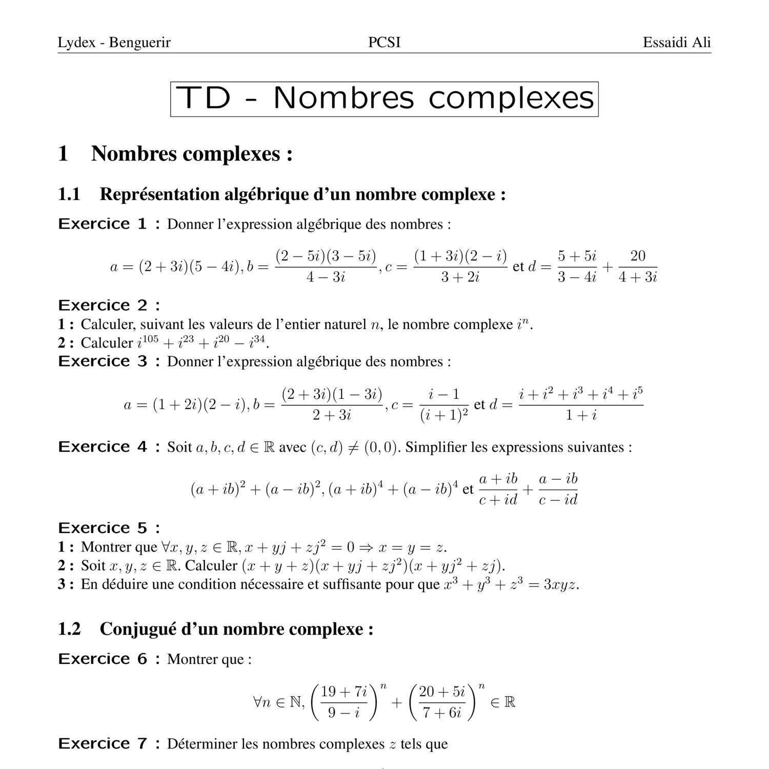 Les nombres complexes exercices