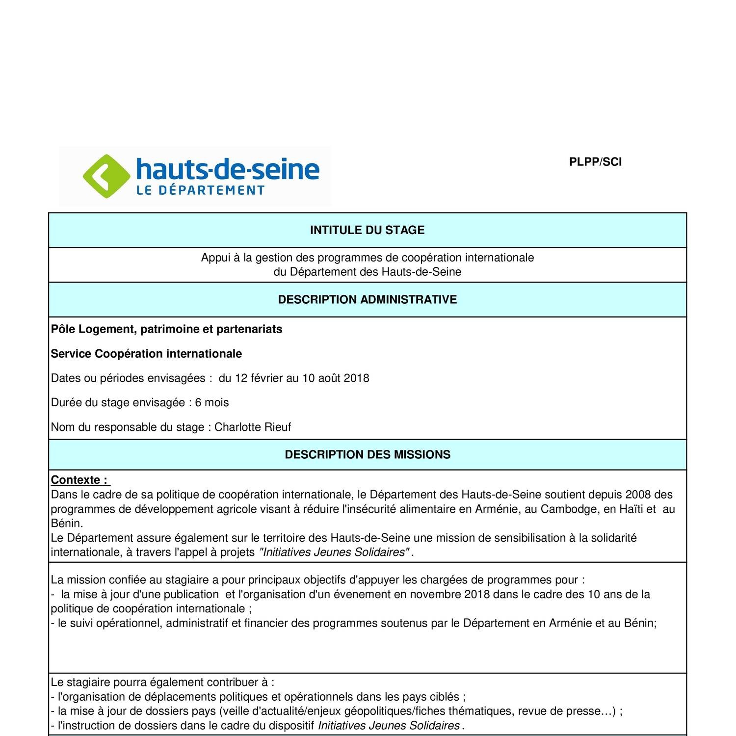 fiche de stage Coopération internationale Département Hauts-de-Seine ...
