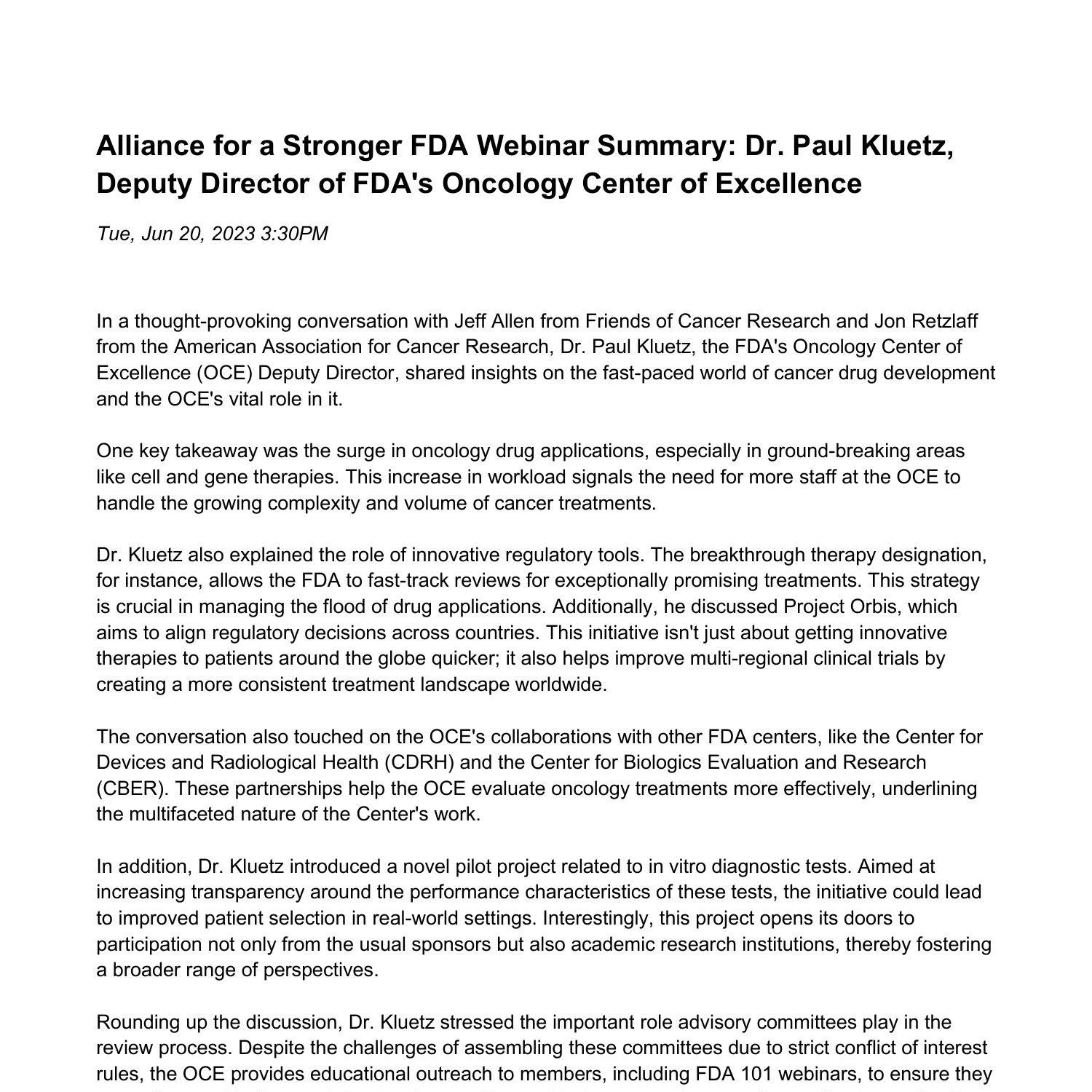 Alliance Webinar Summary - Dr. Paul Kluetz, Deputy Director of FDA's ...