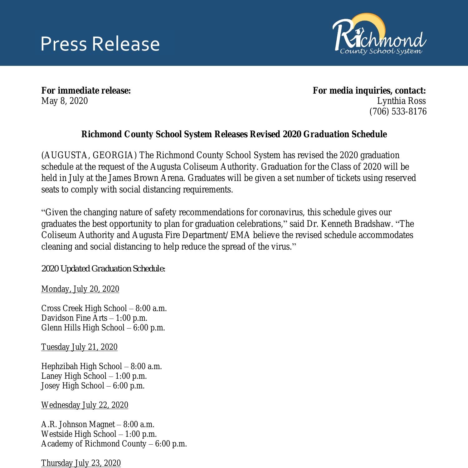 Richmond County School System Revises 2020 Graduation Schedule.pdf ...