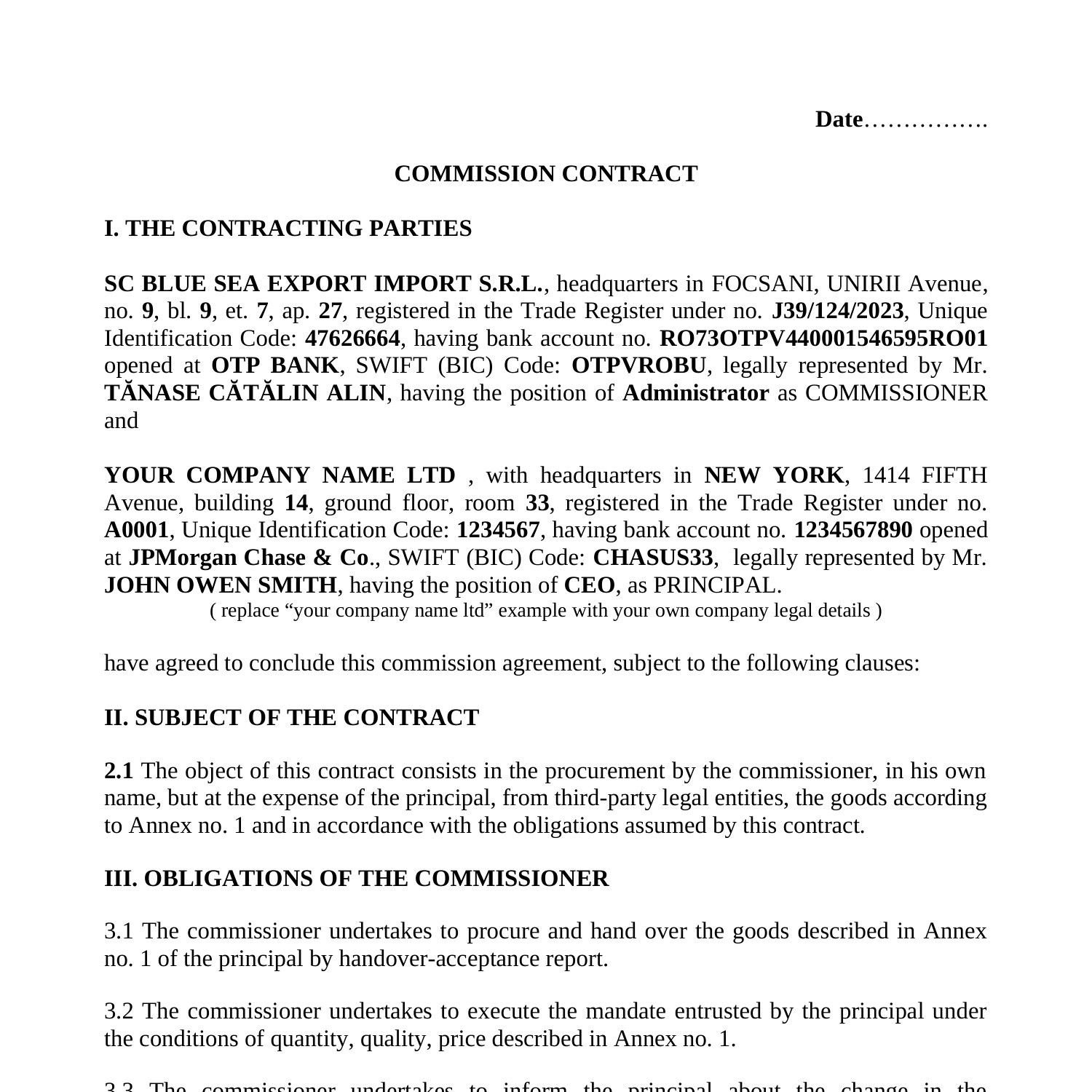 Commision Contract, the principal, reads , fills his part of the ...