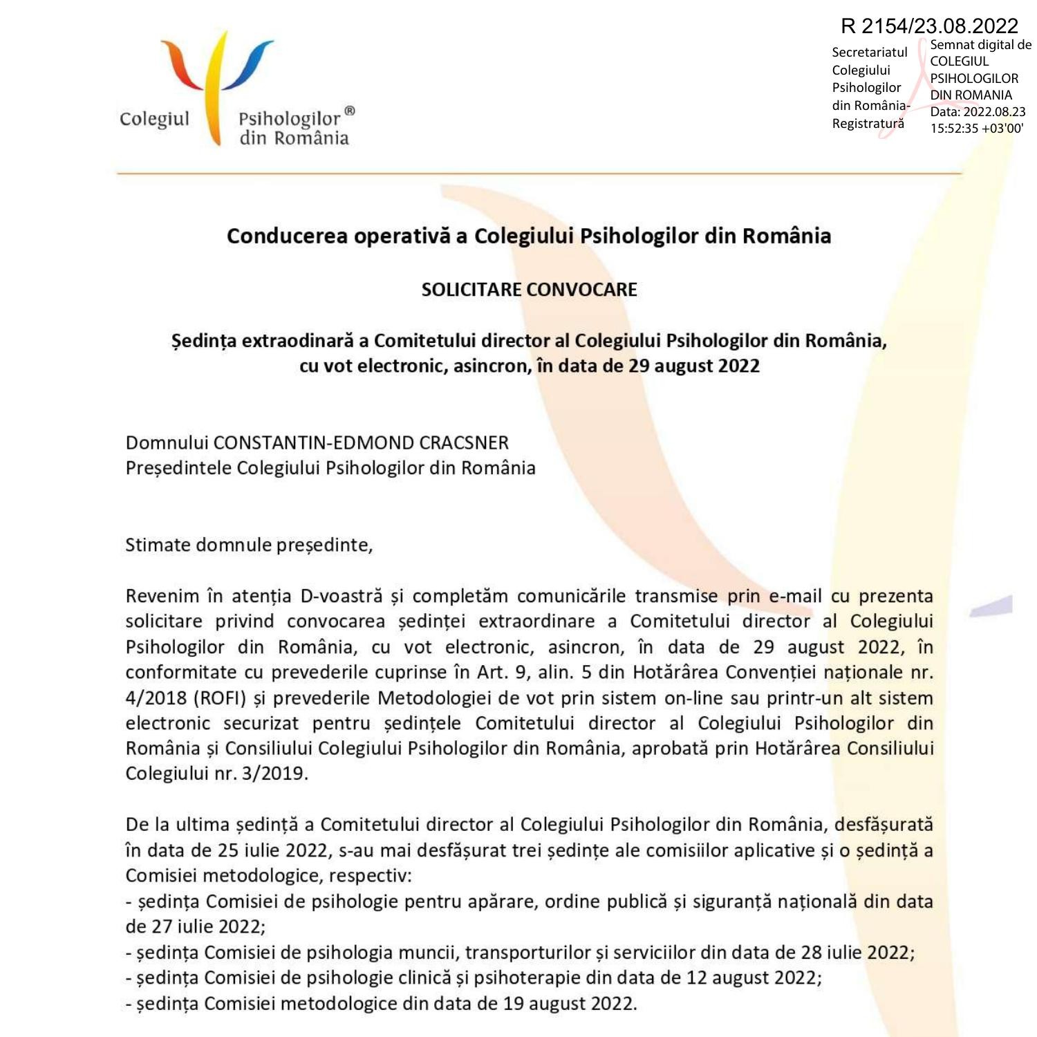 R 2154 23.08.2022 - Conducerea operativa_Solicitare convocare sedinta ...