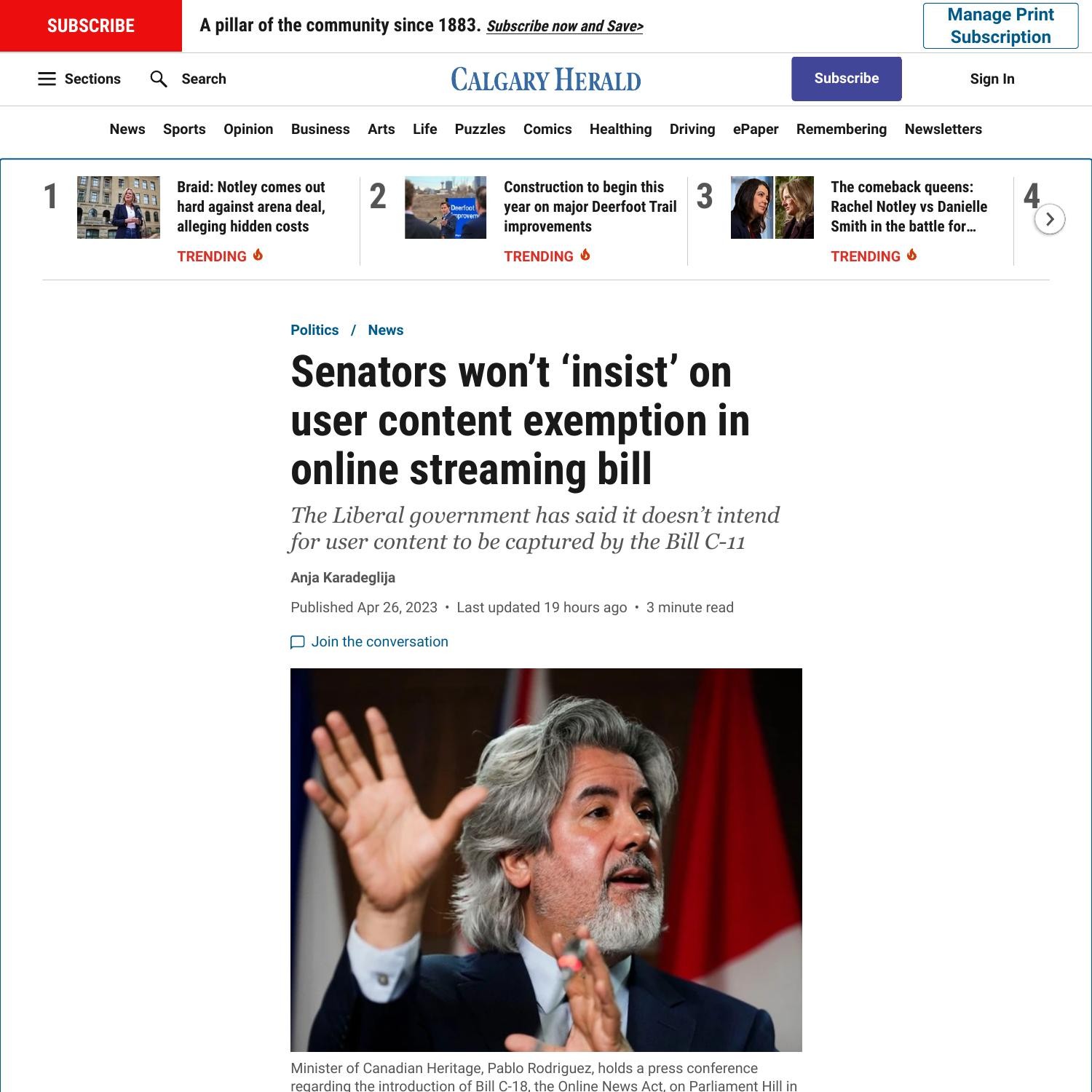 Senators won’t ‘insist’ on user content exemption in online streaming ...