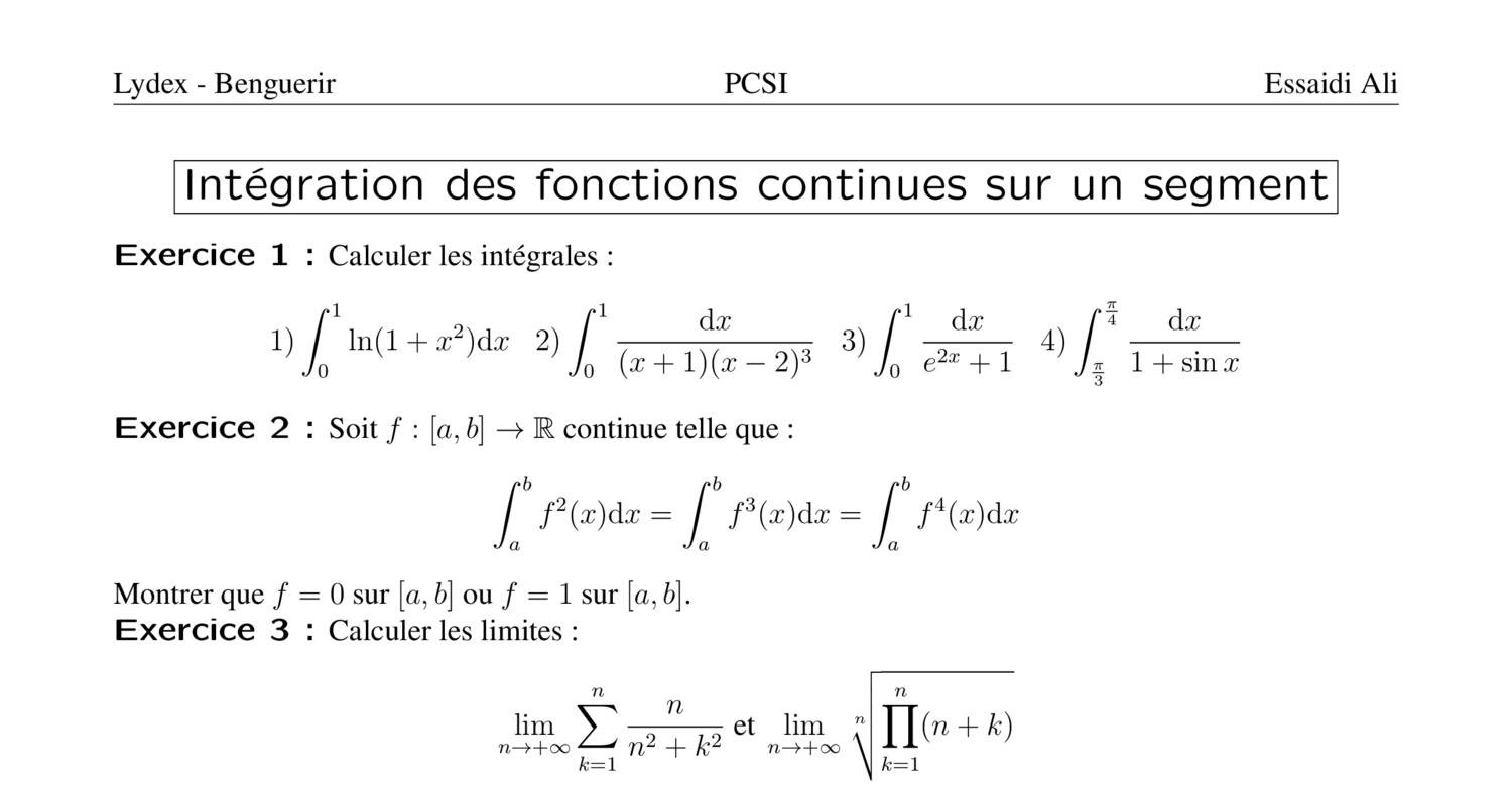 Td Intégration Des Fonctions Continues Sur Un Segment Pdf Docdroid