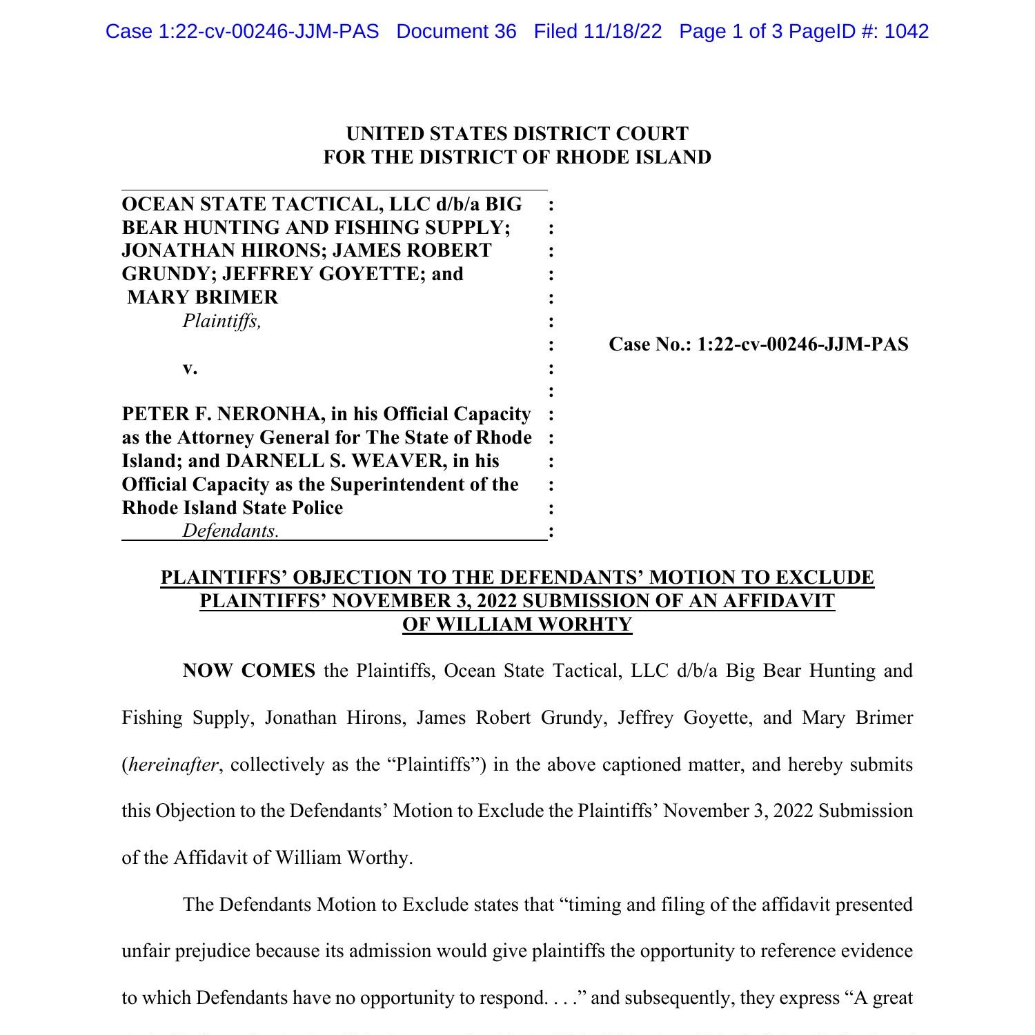 Plaintiffs Objection to Motion to Exclude Affidavit of William Worthy ...