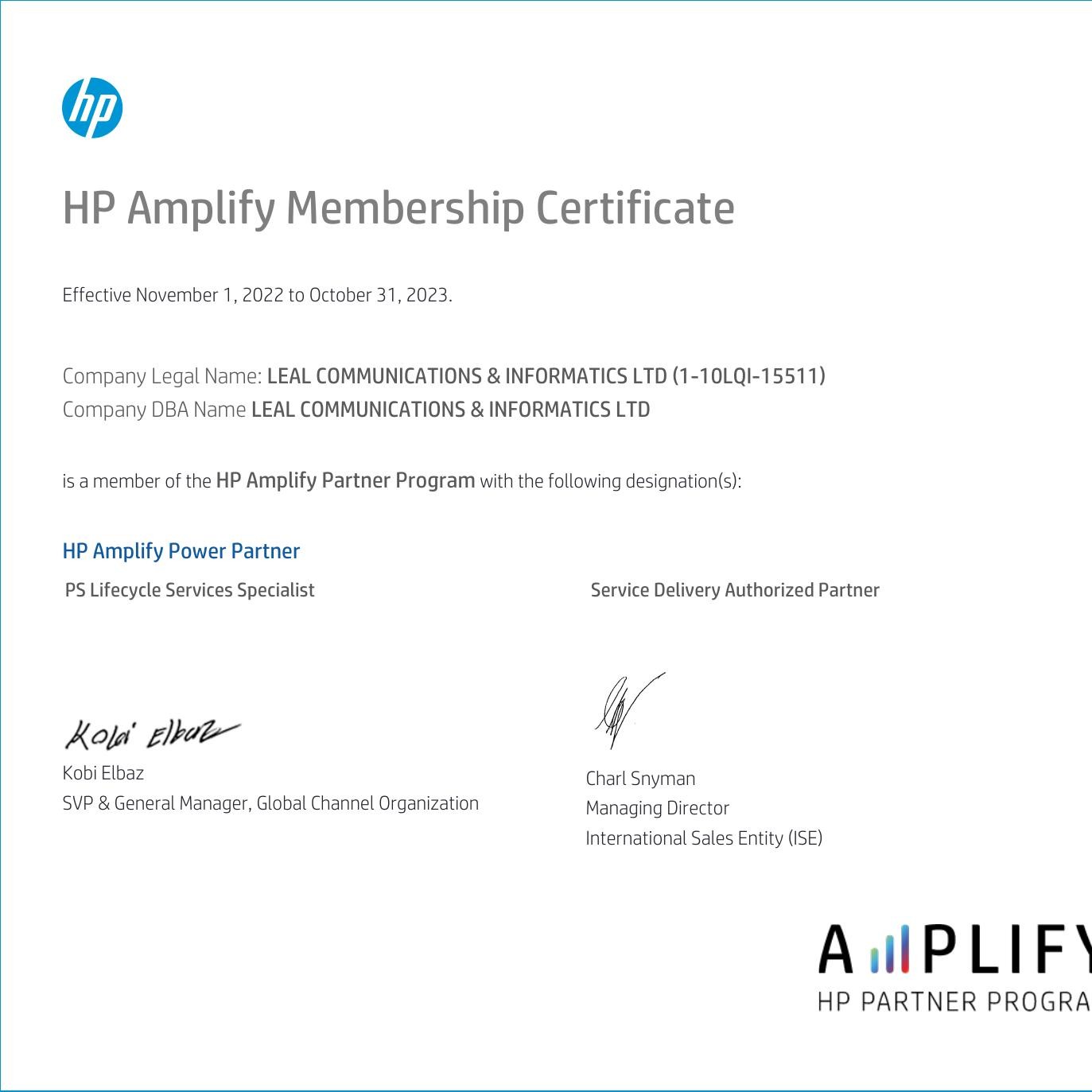 HP Amplify Membership Certificate - LEAL COMMUNICATIONS & INFORMATICS ...