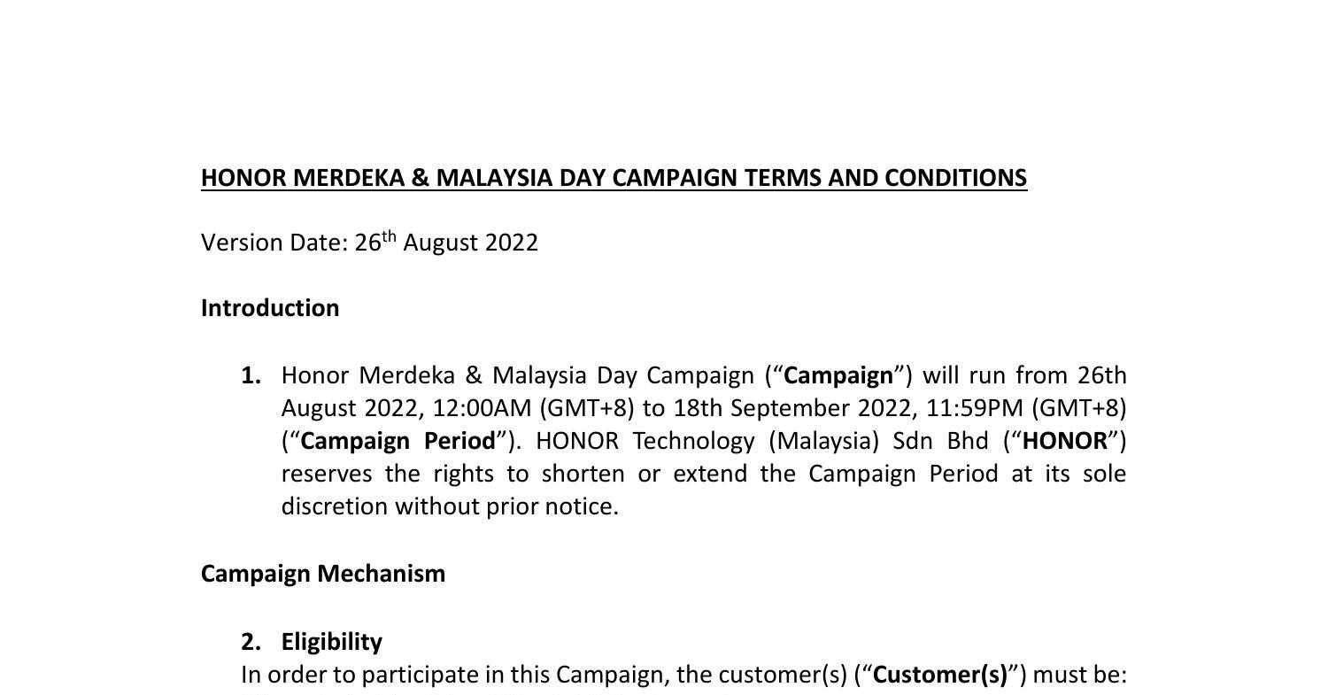 HONOR Merdeka Msia day 2022 CAMPAIGN TERMS AND CONDITIONS.docx | DocDroid