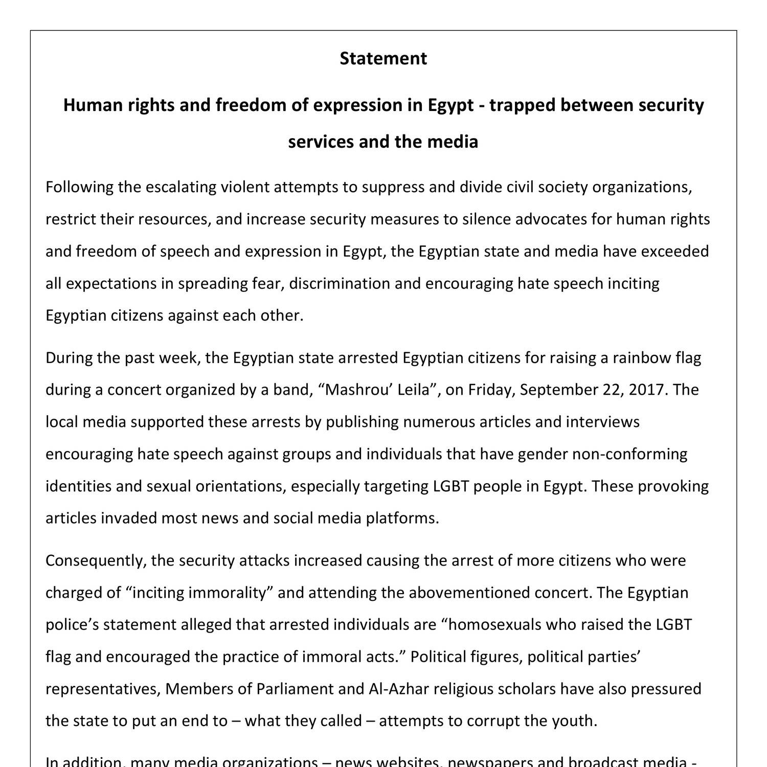 Statement Human rights and freedom of expression in Egypt trapped ...
