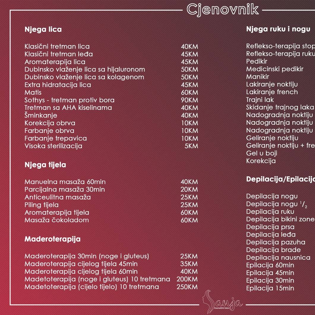 Cjenovnik Kozmeticki salon Sanja 2019 Sarajevo 71000.pdf | DocDroid