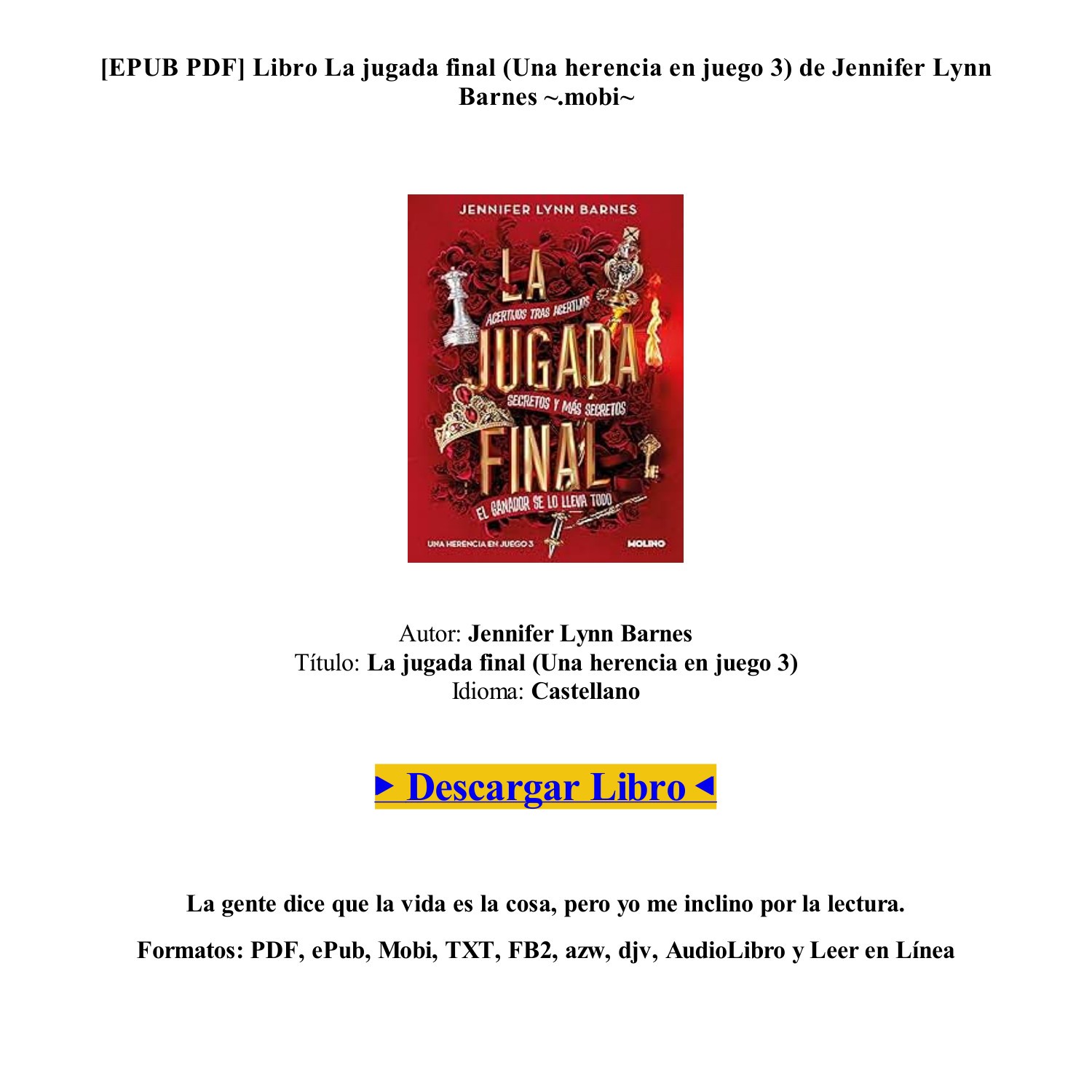 Descargar Libro La jugada final (Una herencia en juego 3) de Jennifer Lynn Barnes MP3.pdf | DocDroid