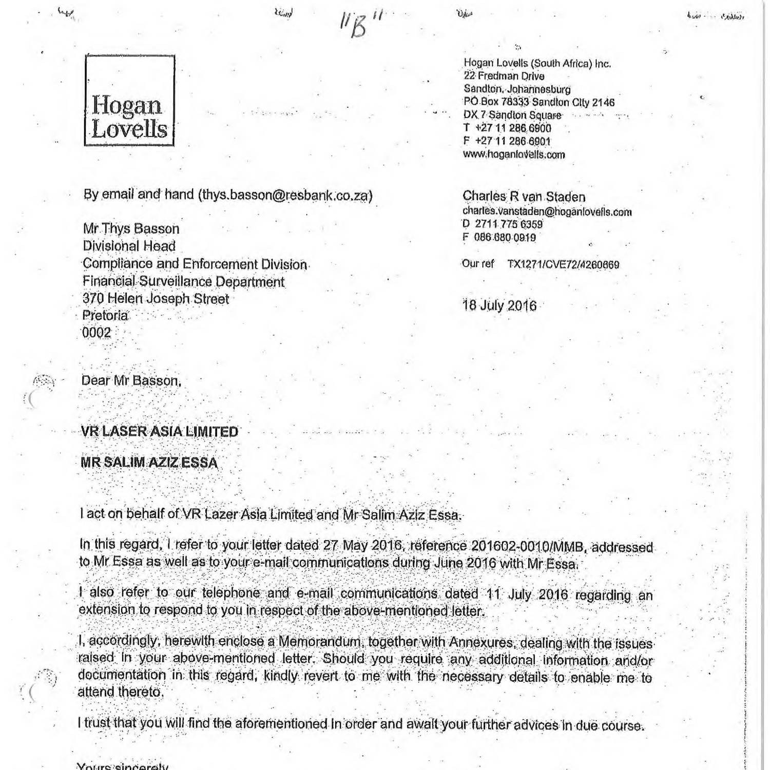 Salim Essa Letter to Reserve Bank explaining that VR Laser Asia has ...
