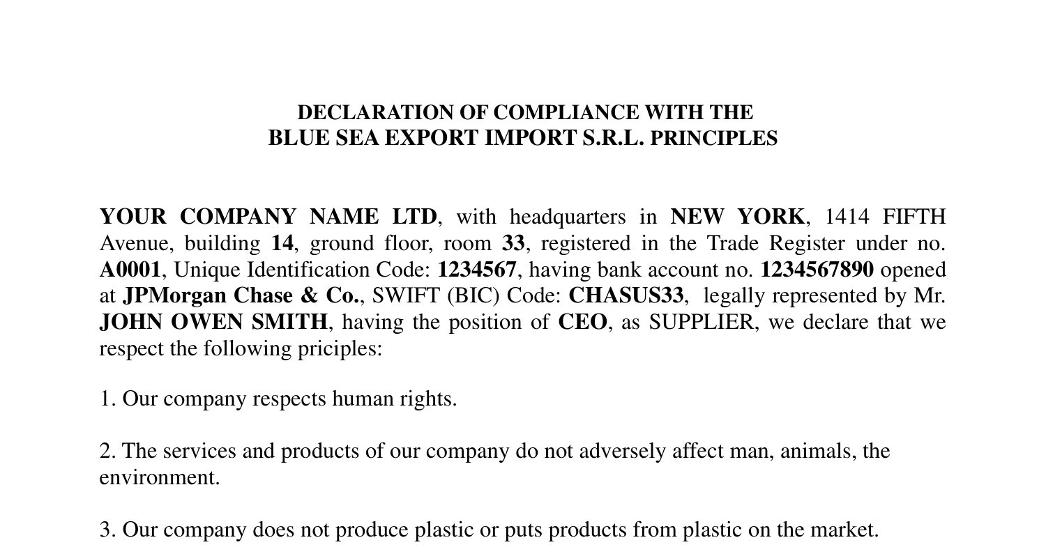 DECLARATION OF COMPLIANCE WITH THE BLUE SEA EXPORT IMPORT PRINCIPLES ...
