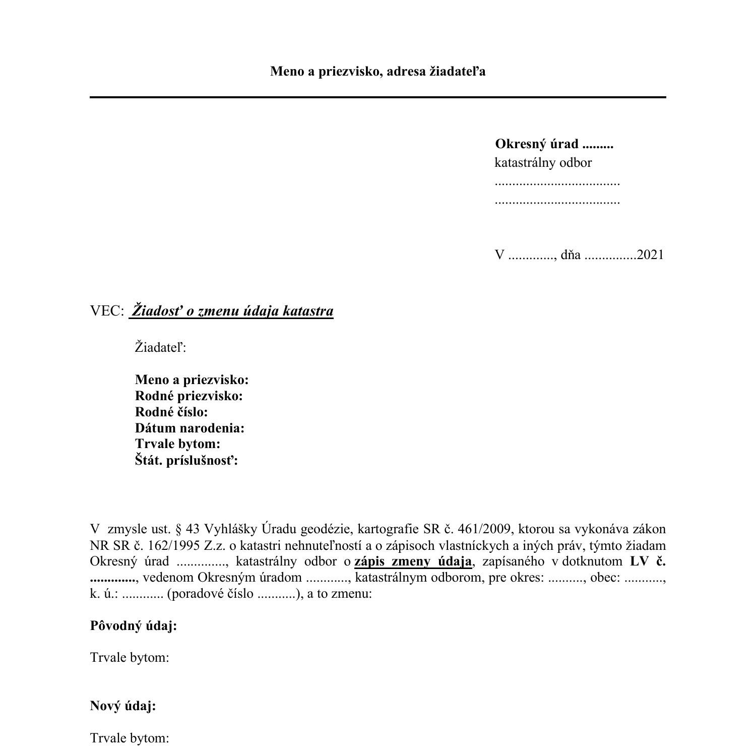 Ziadost o zmenu údajov katastra vzor.doc | DocDroid
