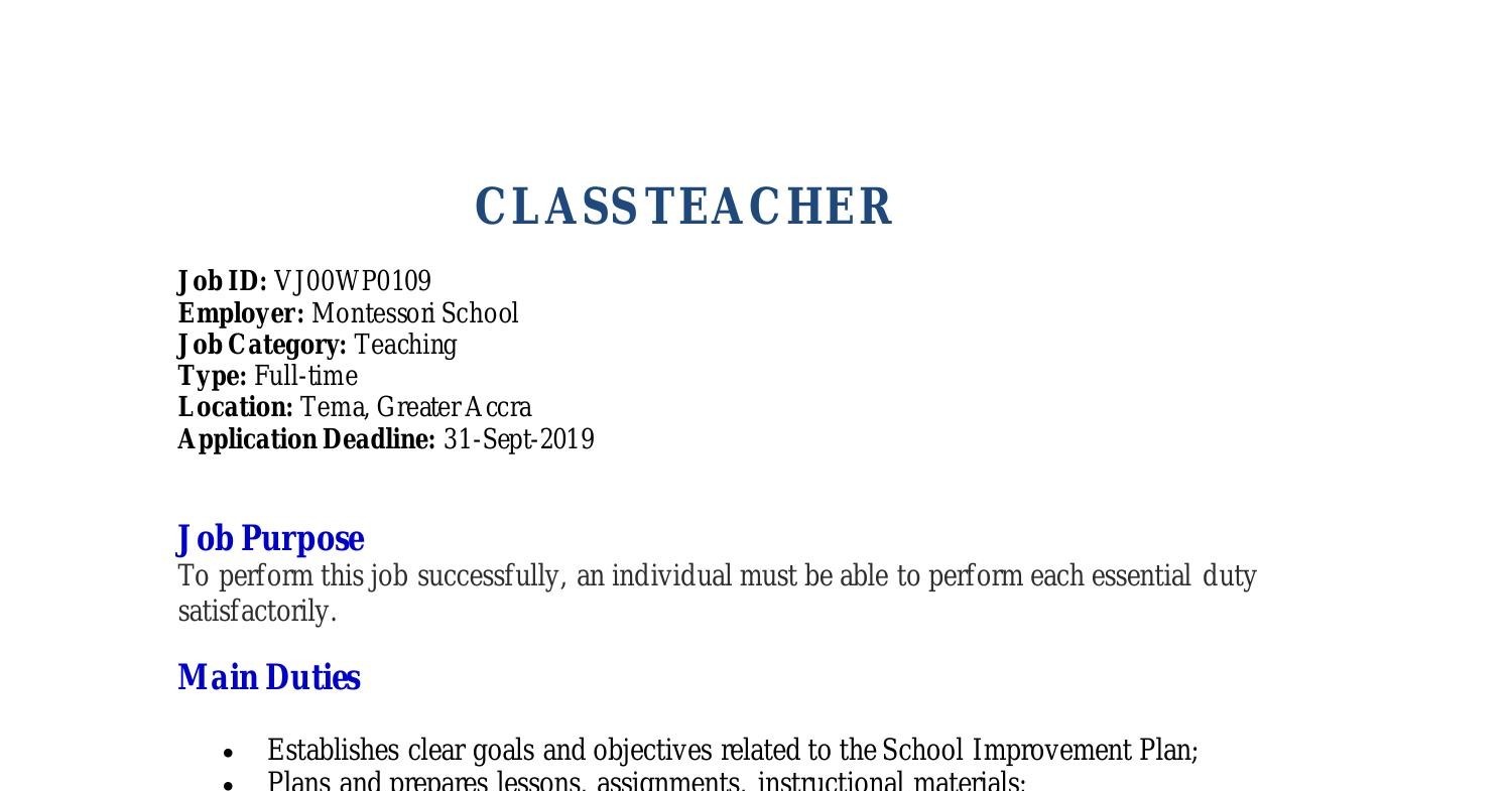 Job Description - Class teacher 1.docx | DocDroid