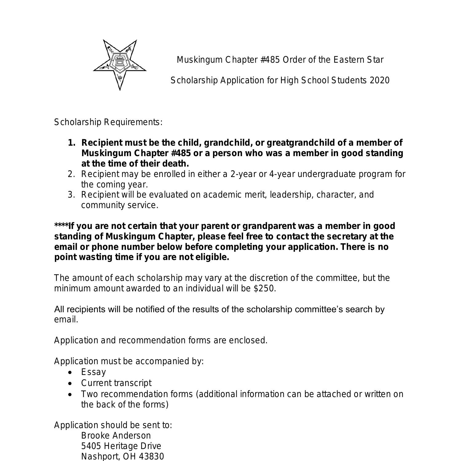 Order of the Eastern Star-Scholarship application 2020 for high school ...