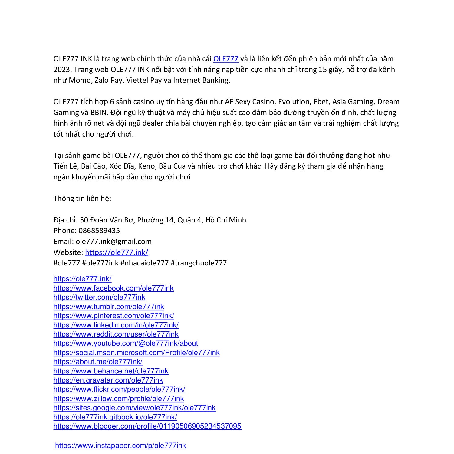 OLE777 INK là trang web chính thức của nhà cái OLE777 và là liên kết đến phiên bản mới nhất của ...