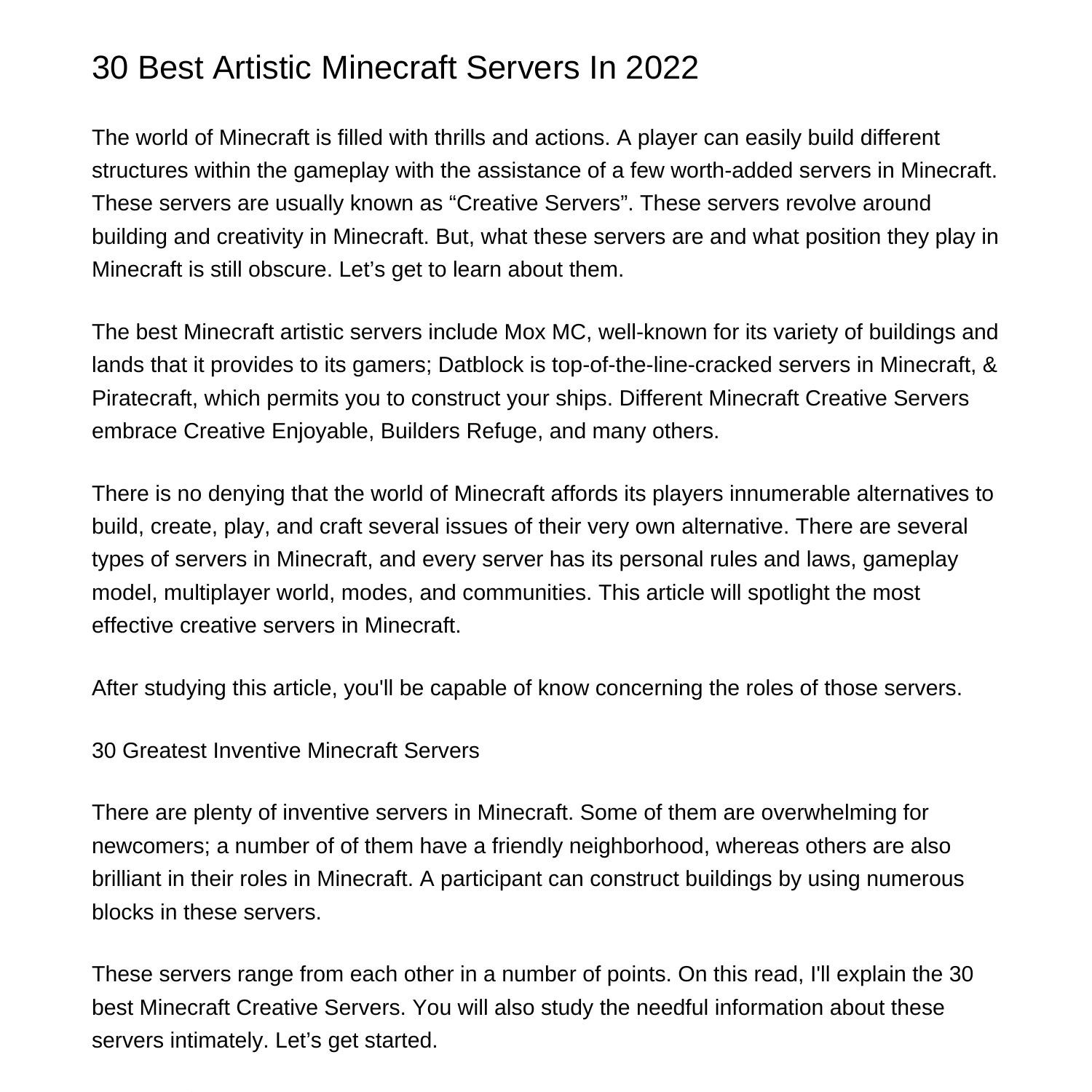 30 Finest Artistic Minecraft Servers In 2022xwmcp.pdf.pdf | DocDroid