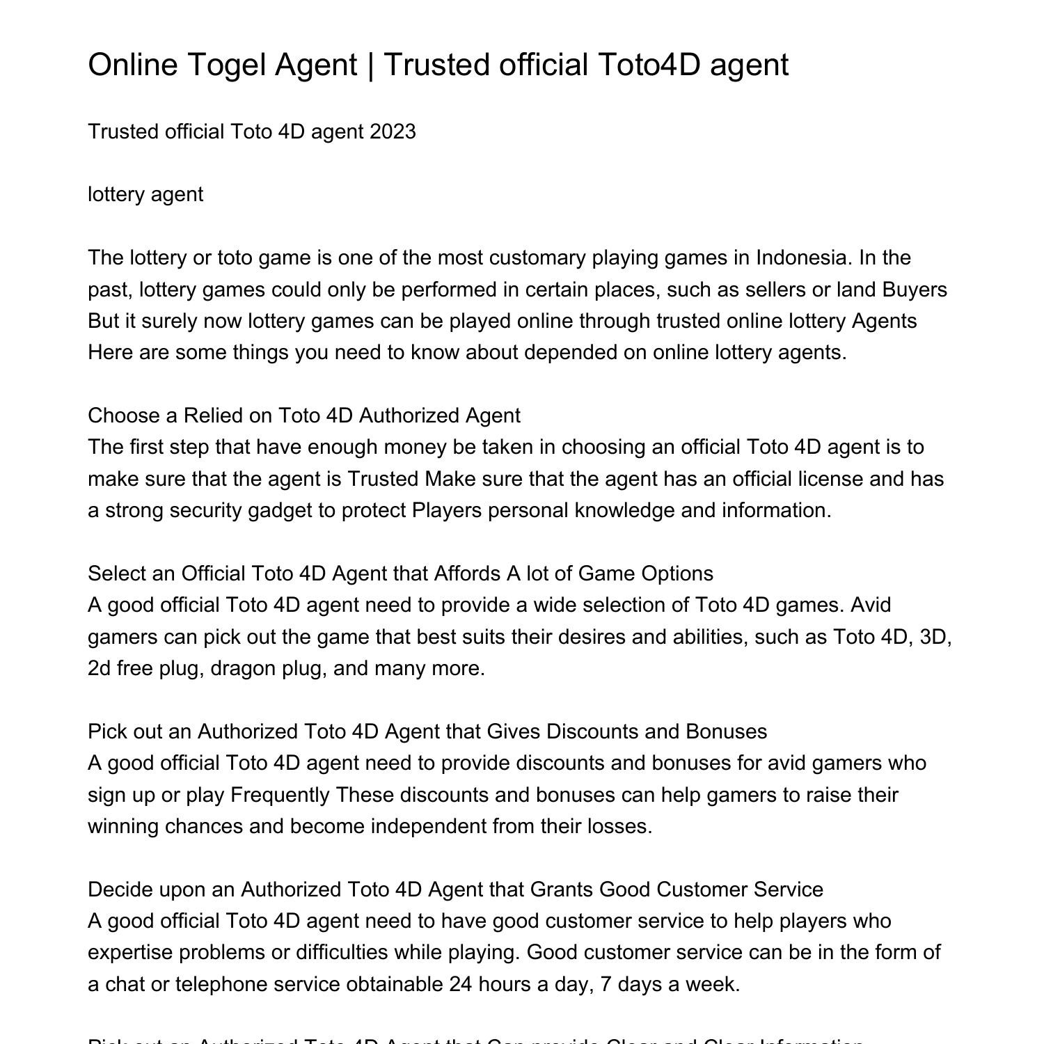 Online Togel Agent Depended on official Toto4D agentjnqrz.pdf.pdf | DocDroid