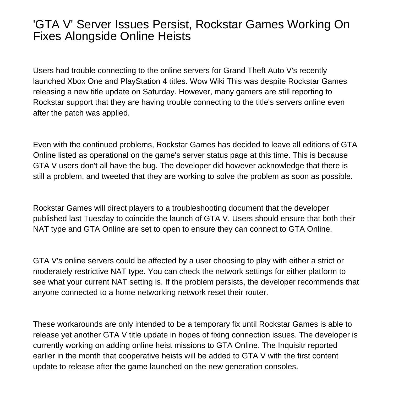 GTA V Server Issues Persist Rockstar Games Working On Fixes Alongside Online Heistspvgep.pdf.pdf ...