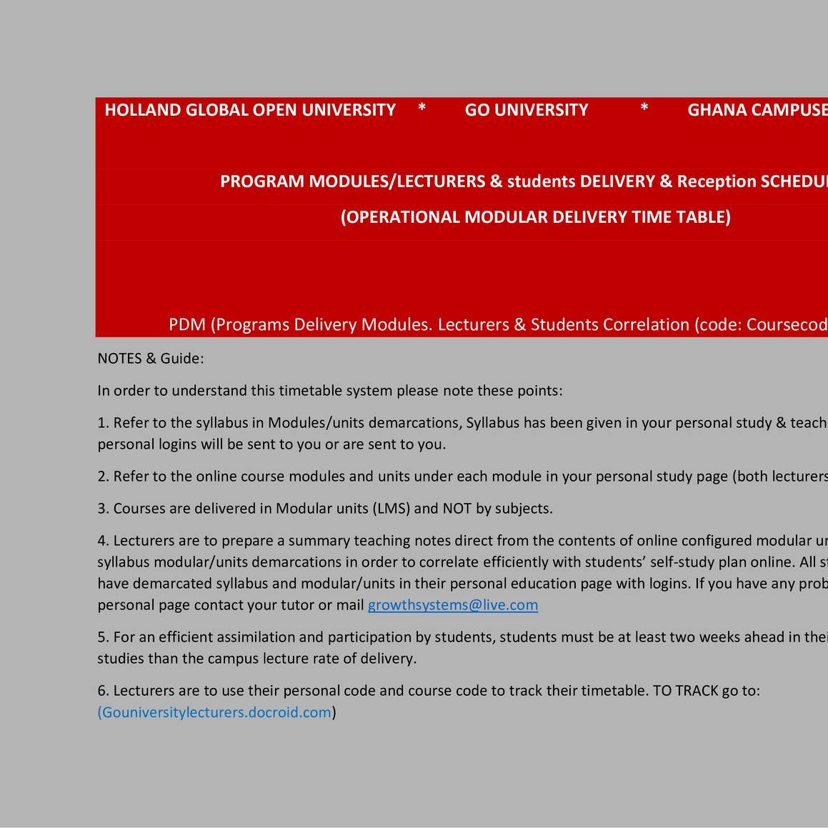 TIMETABLE IN MODULES bachelor courses-HOLLAND GLOBAL OPEN UNIVERSITY ...