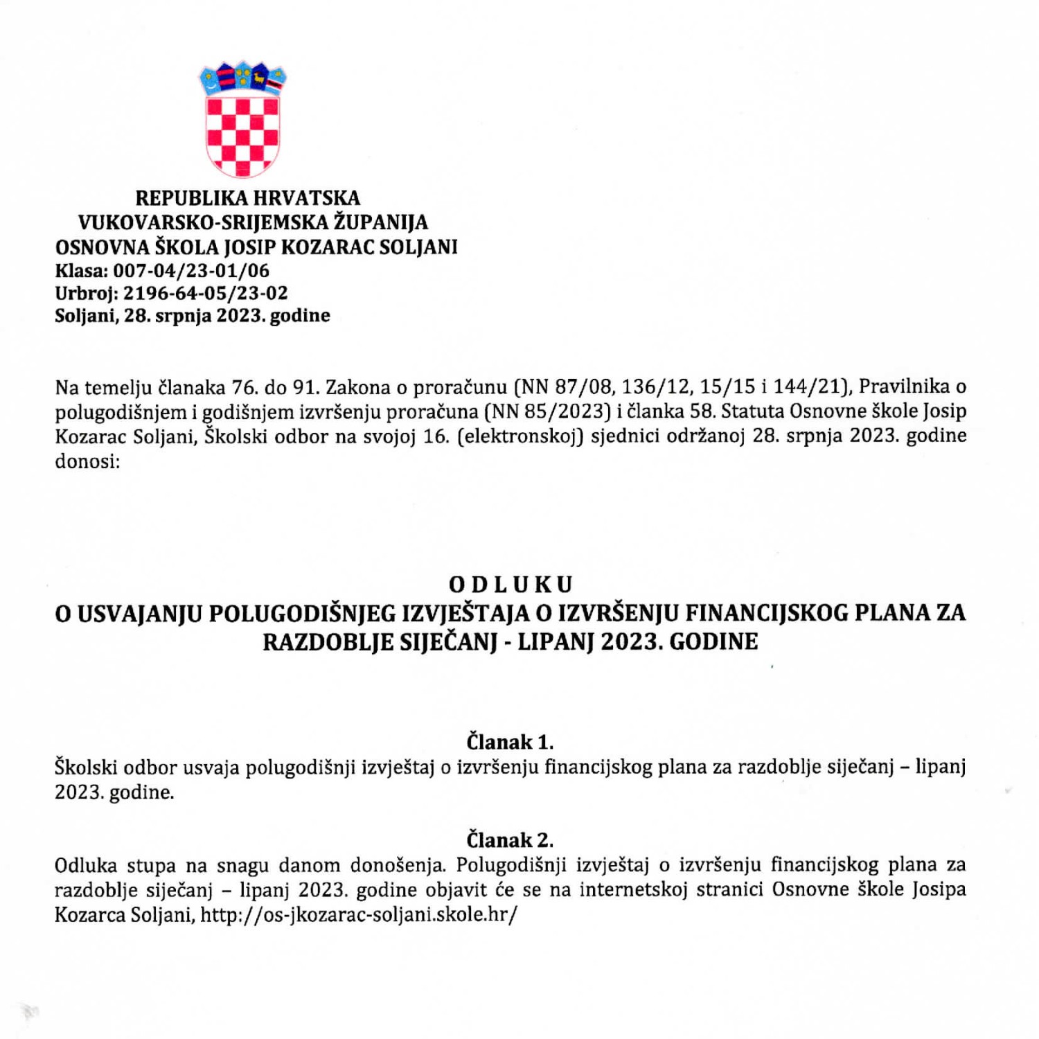 Odluka o usvajanju polugodišnjeg financijskog izvještaja 2023..pdf ...