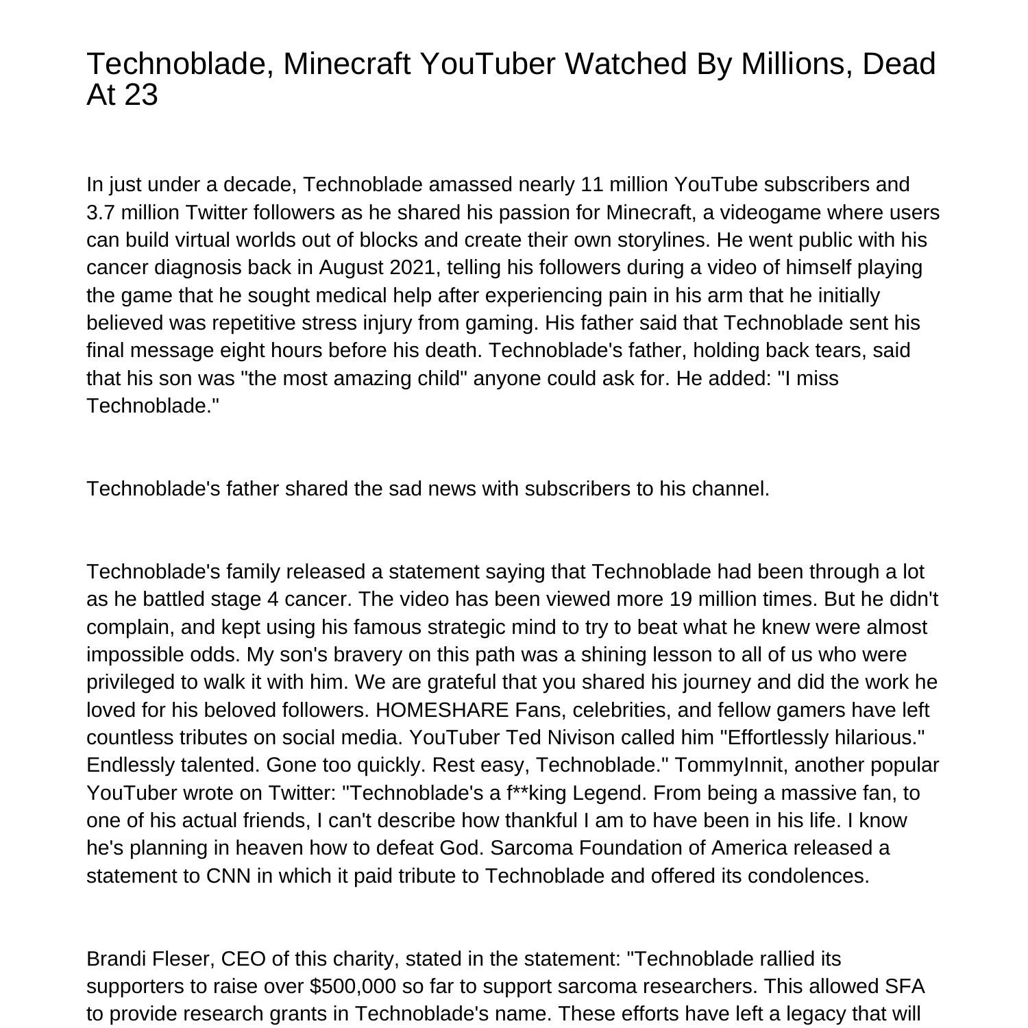 Technoblade Minecraft YouTuber Watched By Millions Dead At 23fibfh.pdf ...