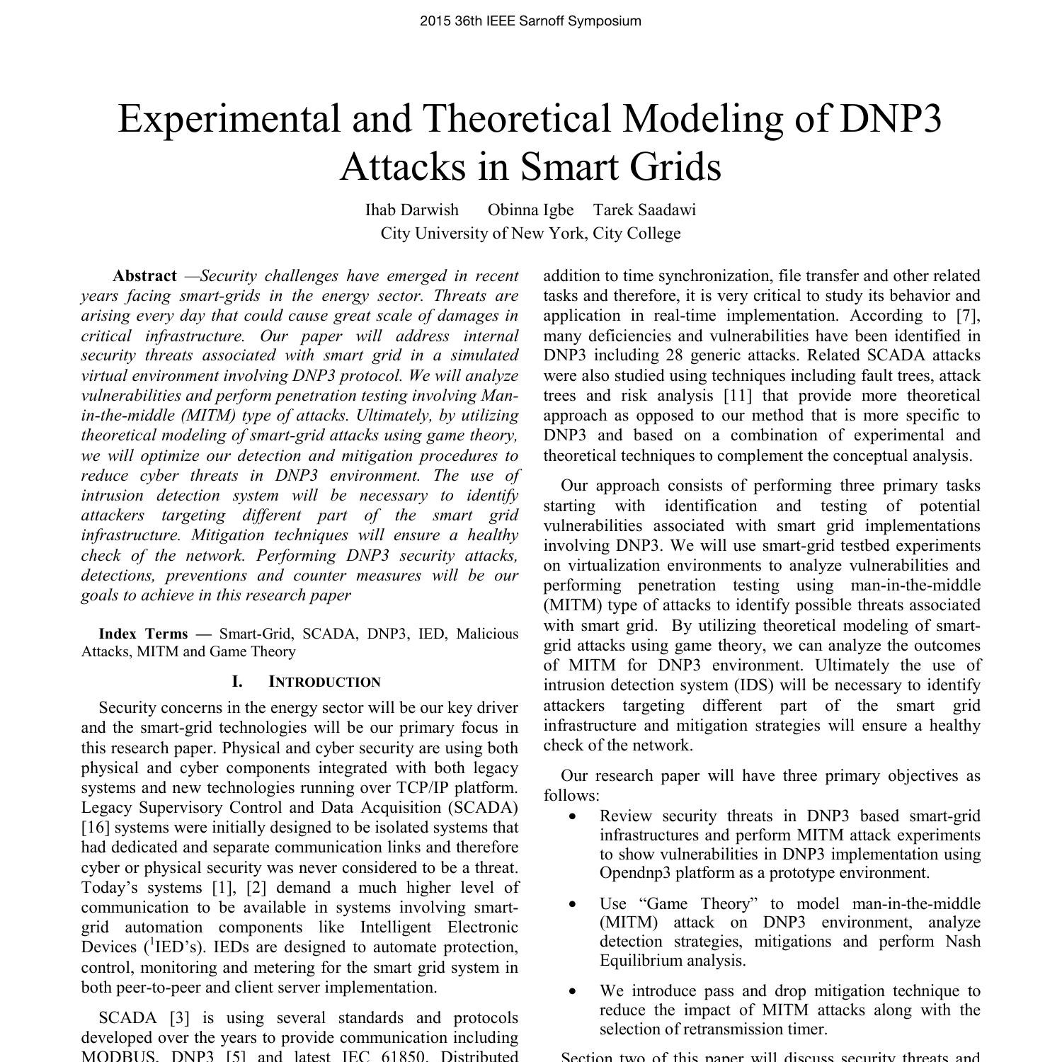 Experimental And Theoretical Modeling Of Dnp3 Attacks In Smart Grids Pdf Docdroid